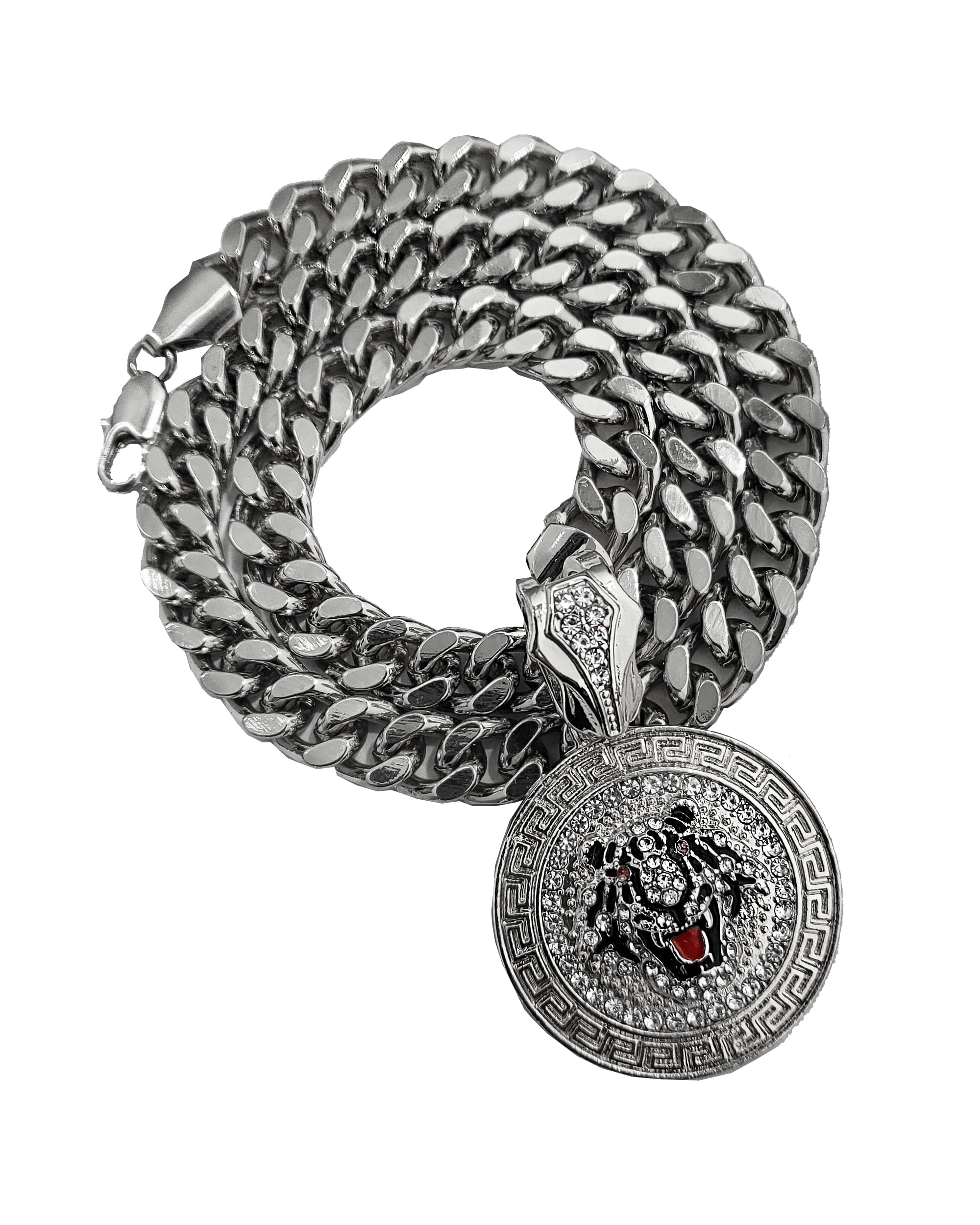 Iced Silver Plated Simulated Diamond Tiger Head Medal Charm Pendant ...