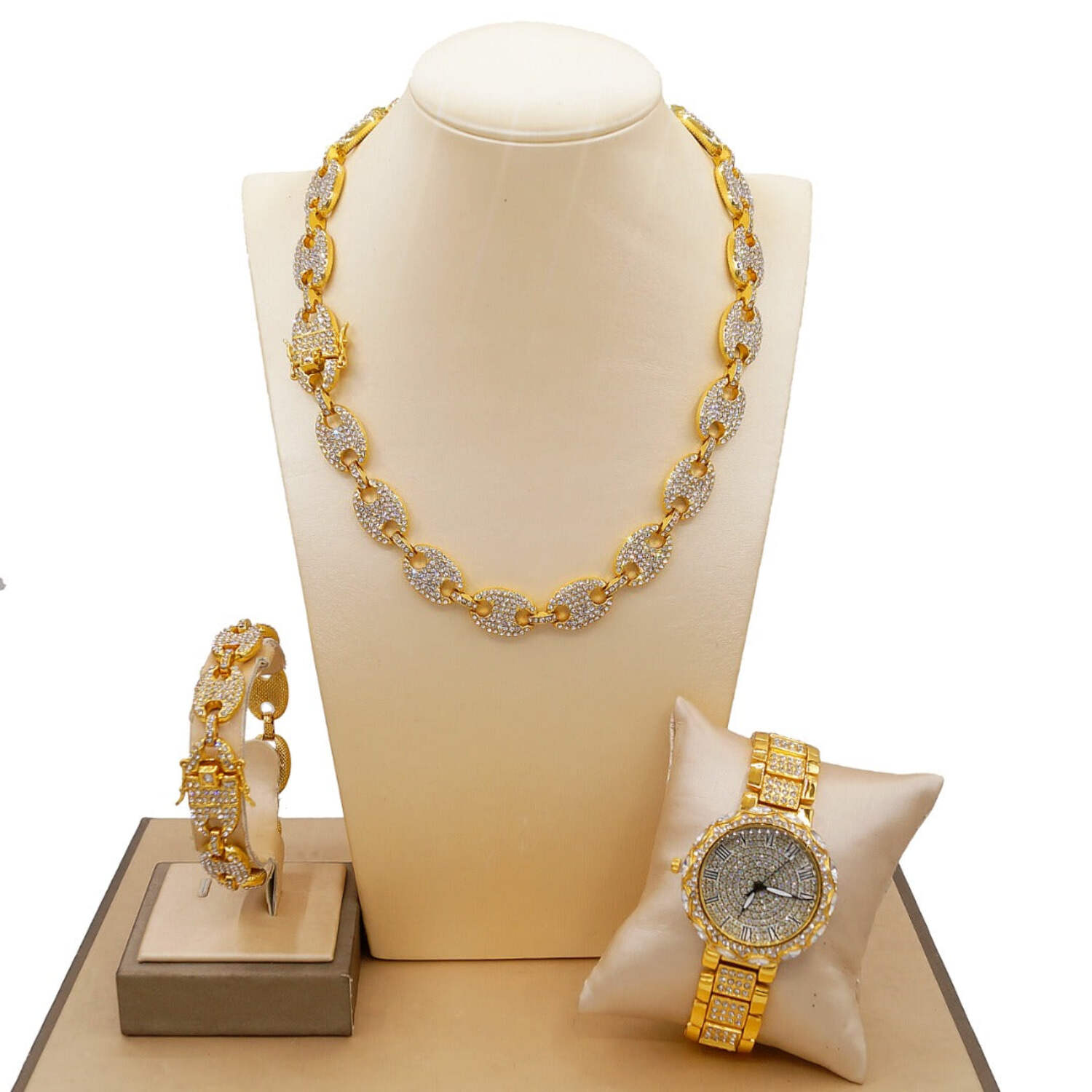 Iced out set puff mariner links necklace bracelet with hip hop watch ...