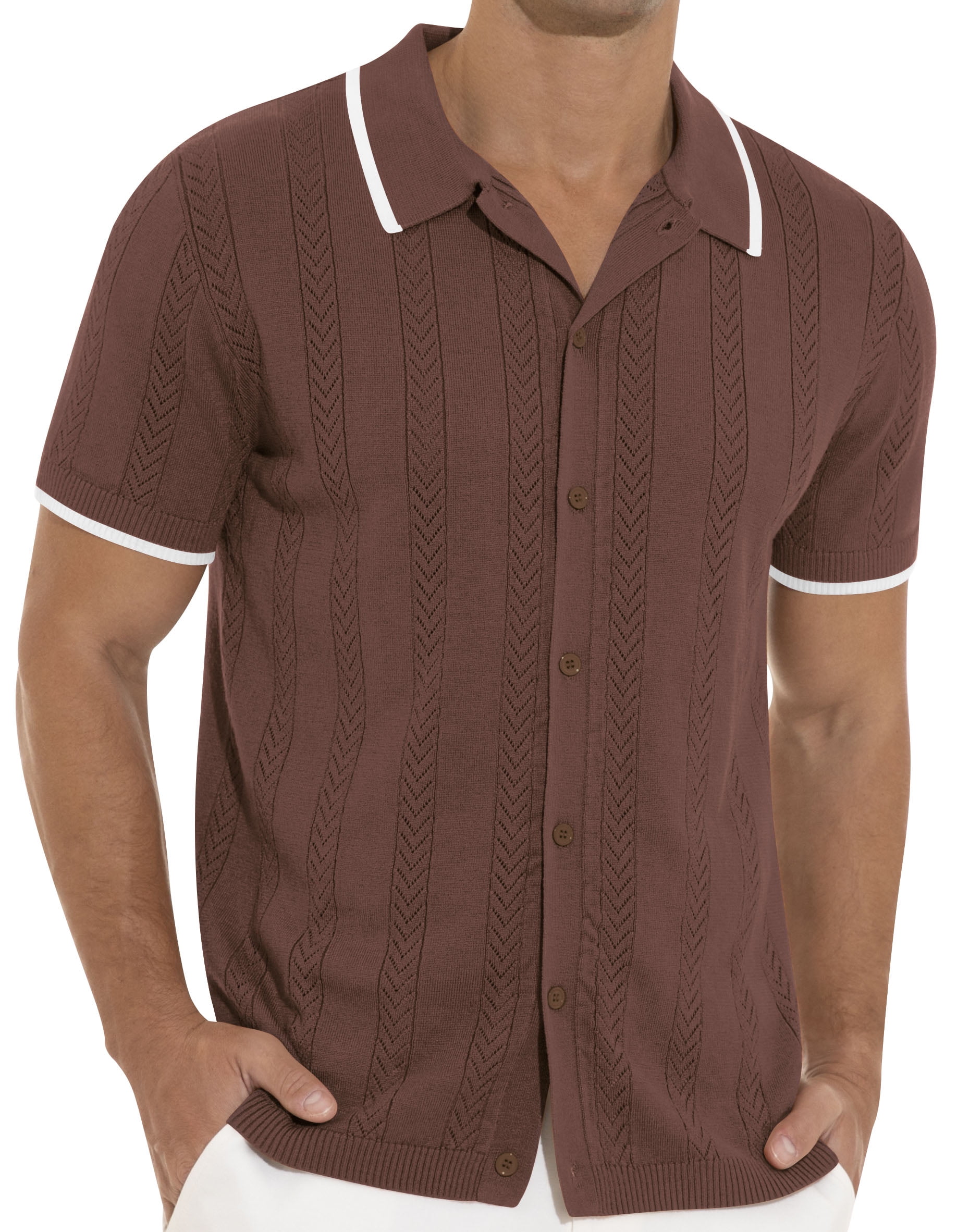 Iceglad Men's Casual Button Down Shirt Short Sleeve Vintage Clothes Knit Polo Shirts Summer ...