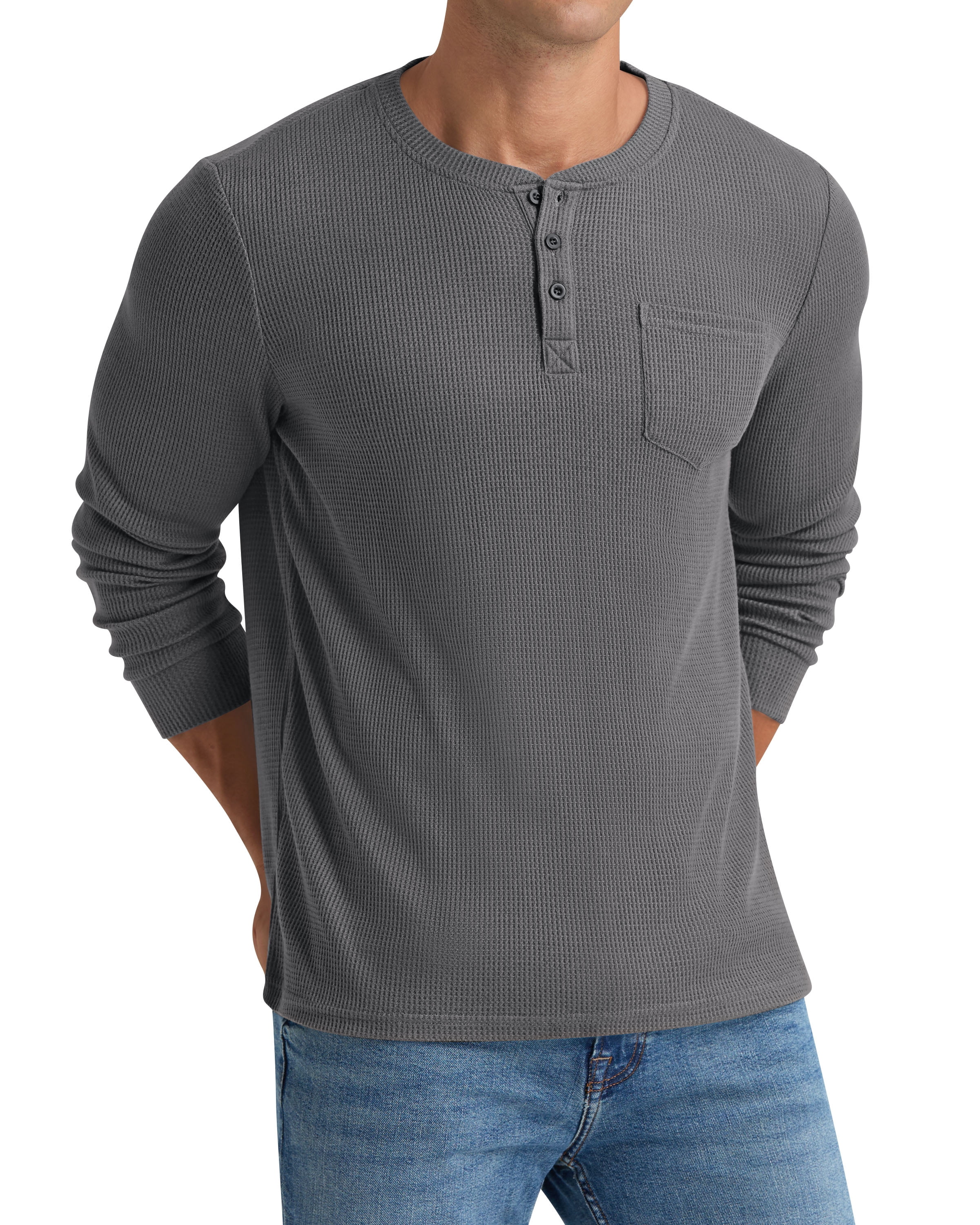 Iceglad Men's Henley Shirts Long Sleeve Basic Waffle Pique Pullover T-Shirt with Pocket ...
