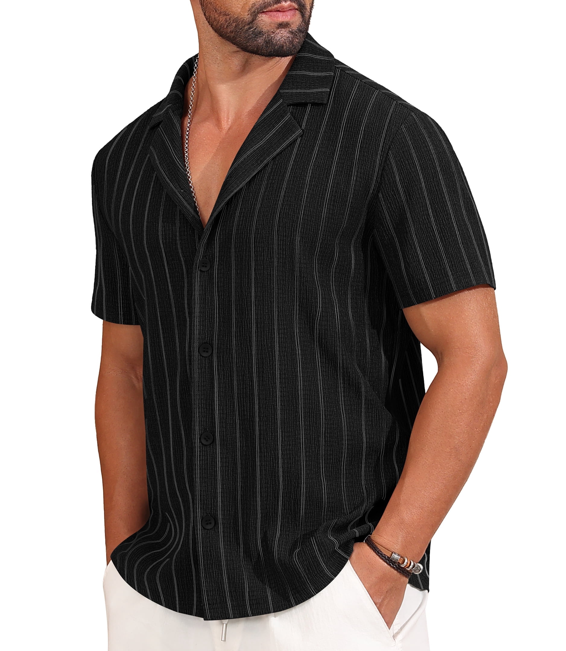 Iceglad Mens Casual Button Down Shirts Short Sleeve Striped Shirts ...