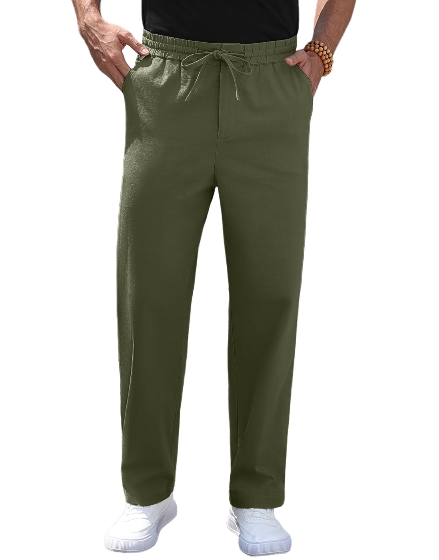 Iceglad Mens Cotton Linen Pants, Lightweight Breathable Elastic Waist ...