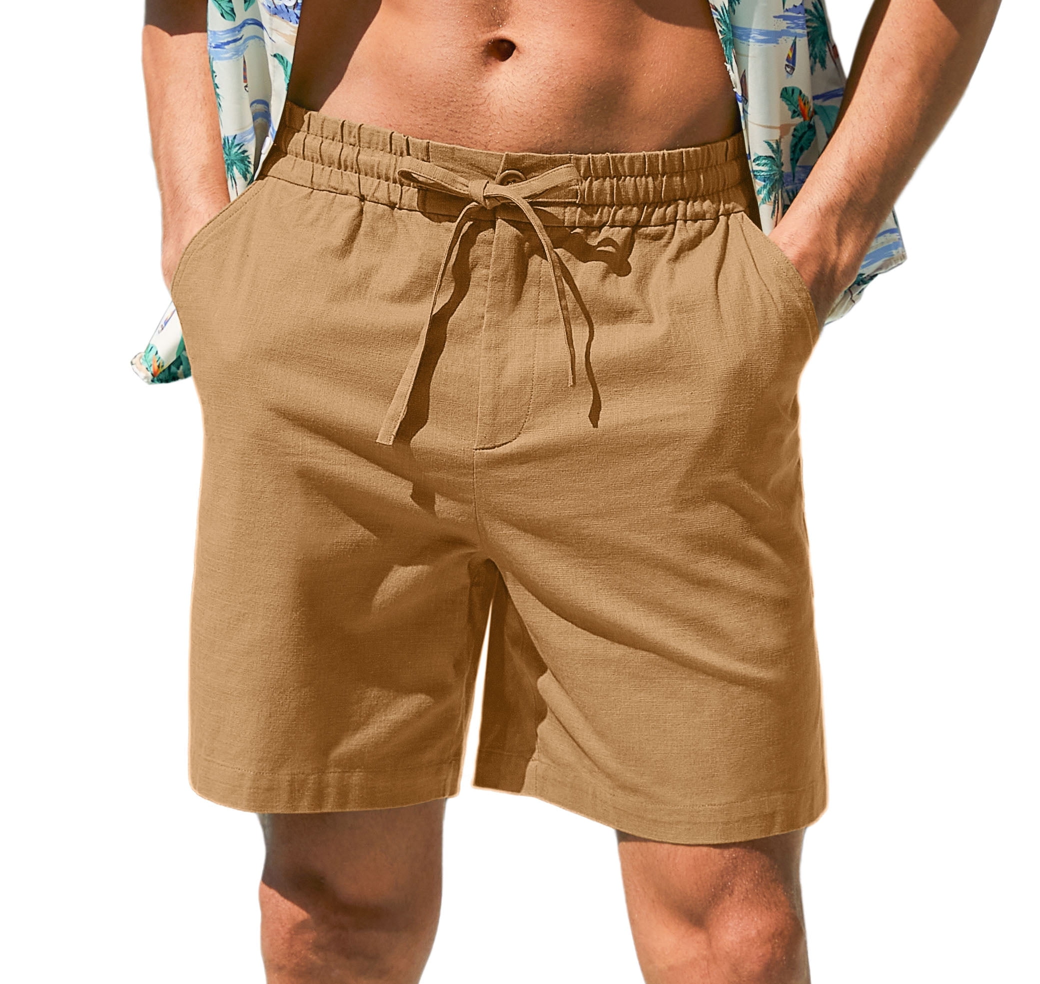 Iceglad Mens Cotton Linen Shorts Stretch Summer Beach Shorts Casual ...