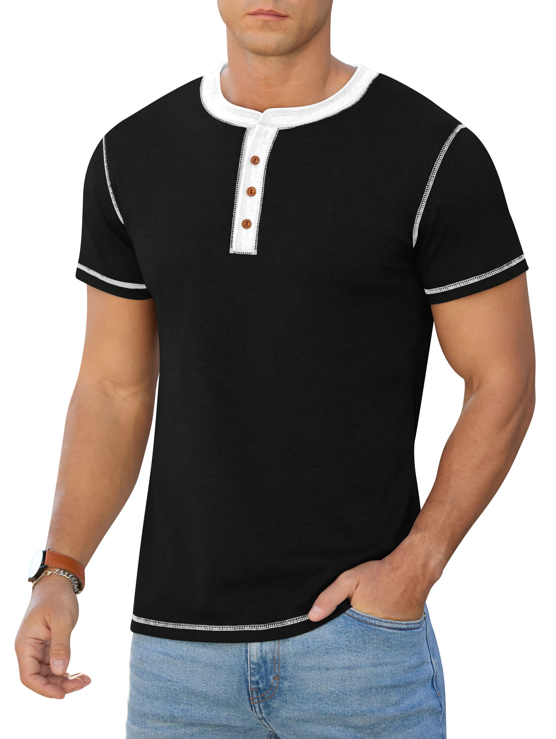 Iceglad Mens Henley Short Sleeve T-Shirt Cotton Lightweight Button T ...