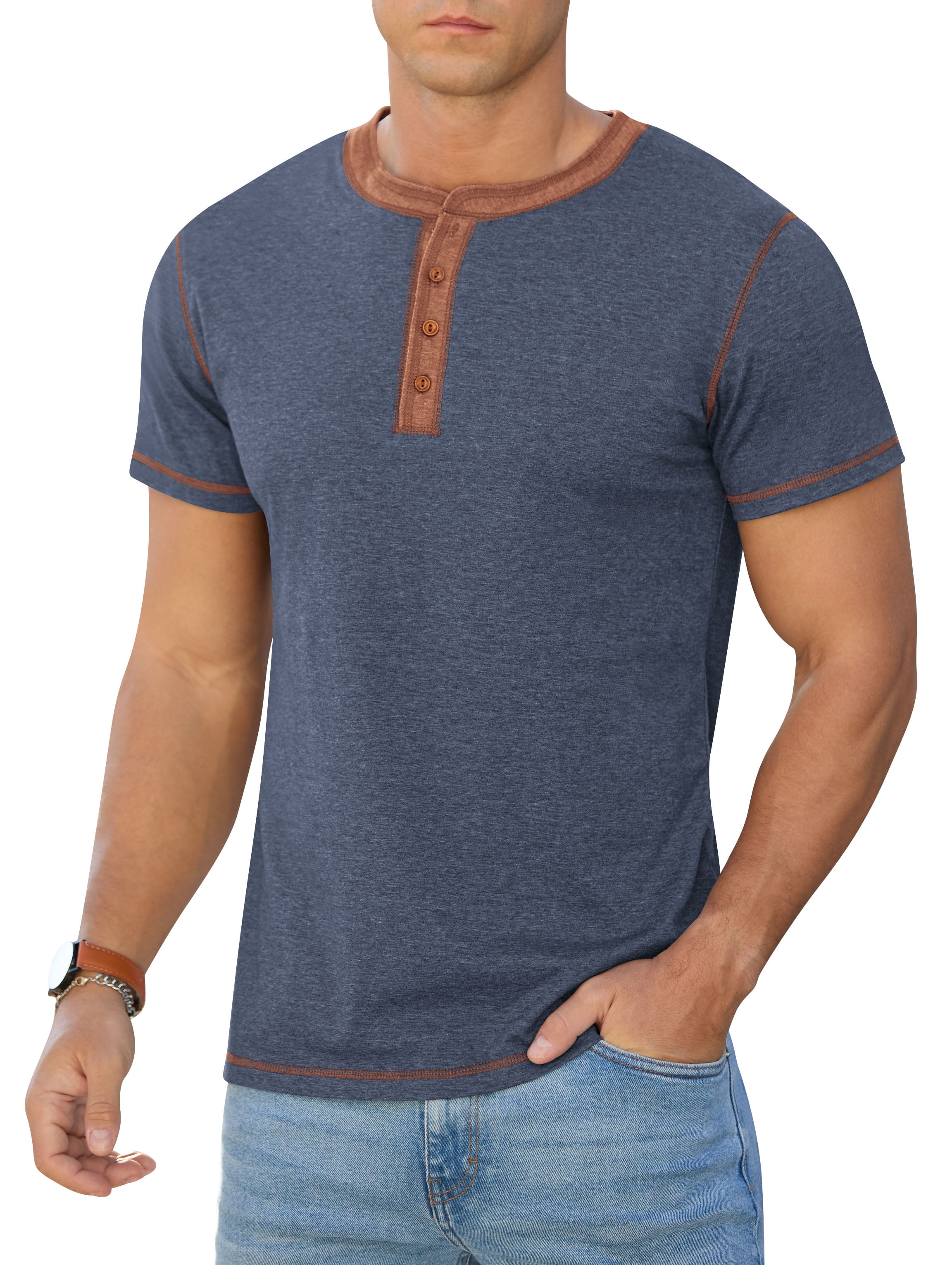 Iceglad Mens Henley Short Sleeve T-Shirt Cotton Lightweight Button T ...