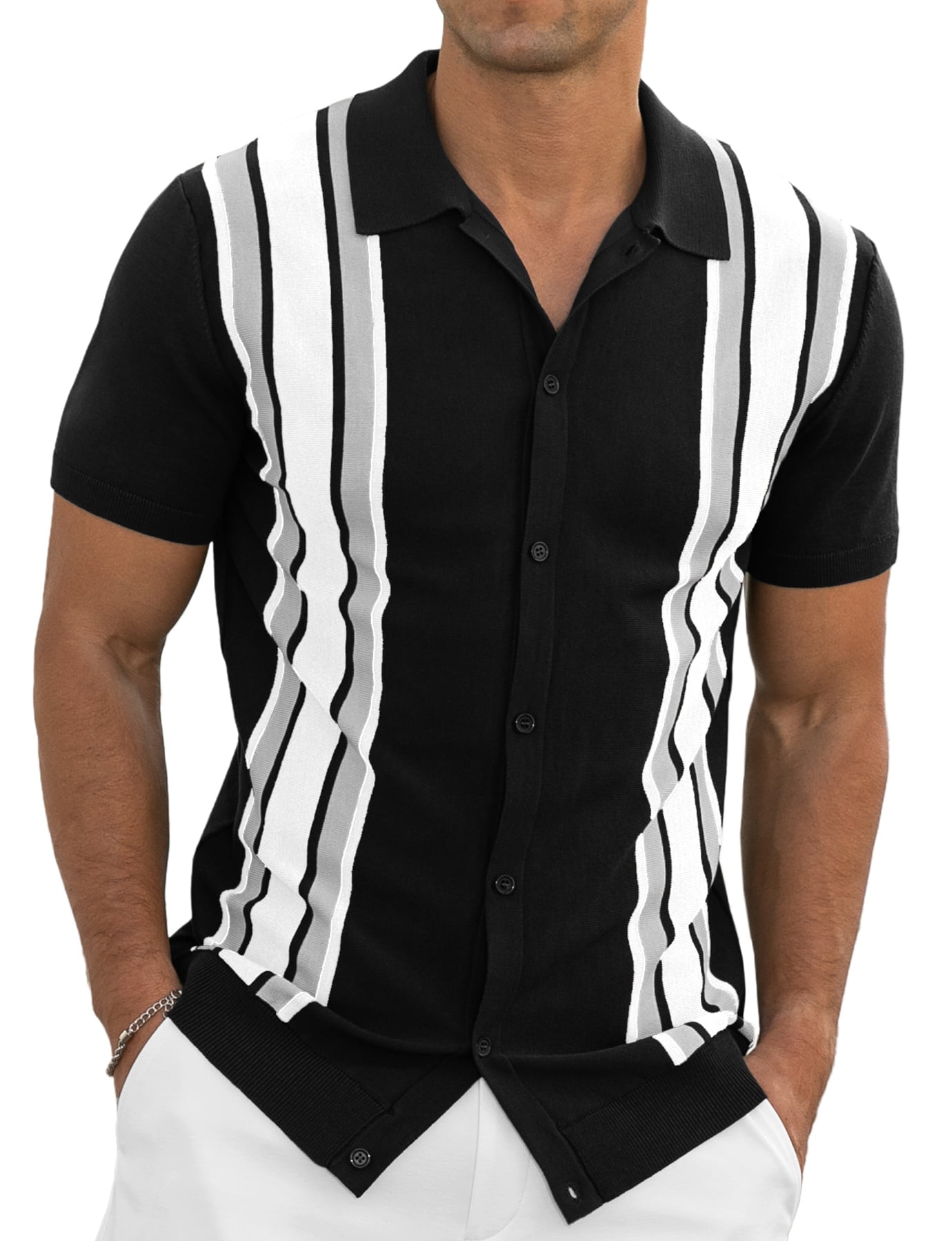 Iceglad Mens Vintage Striped Knitted Polo Shirts Short Sleeve Button