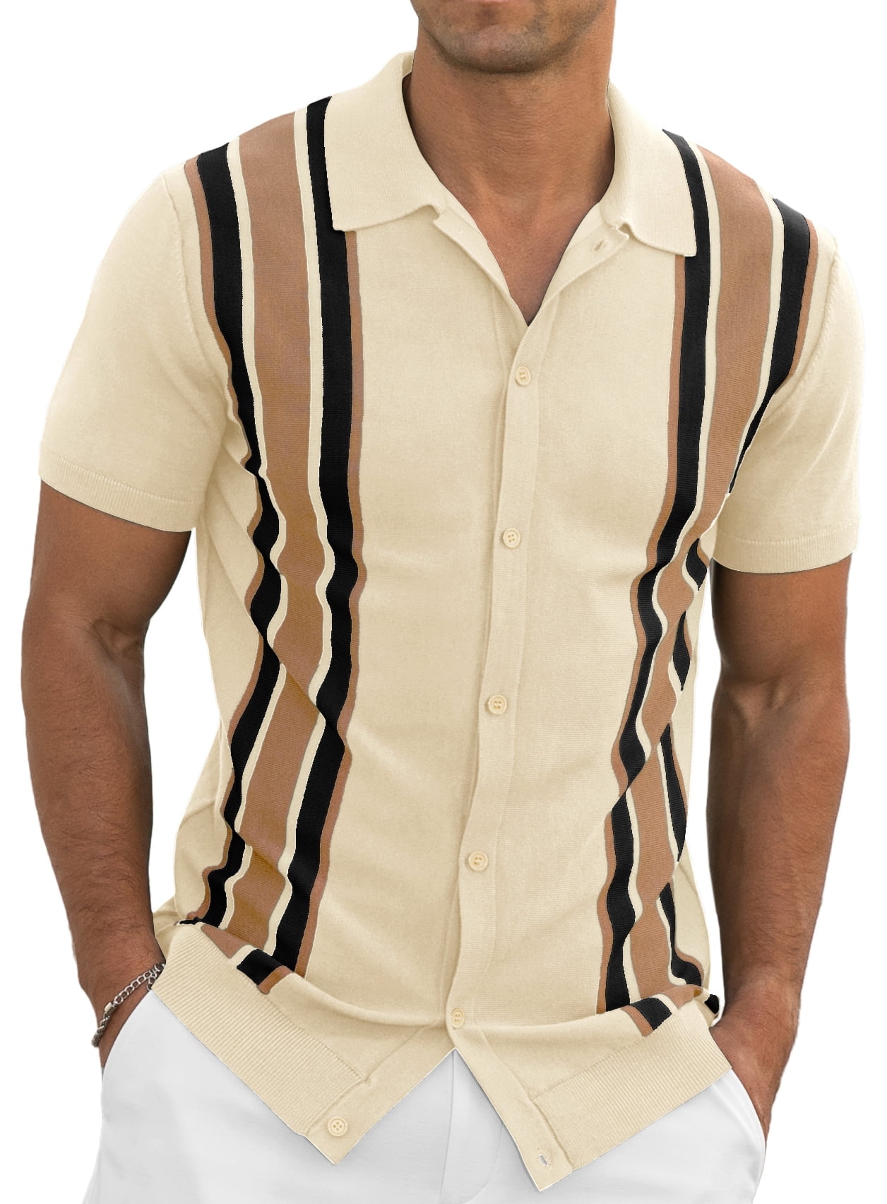 Iceglad Men's Vintage Polo Shirts Striped Knitting Short Sleeve Button ...