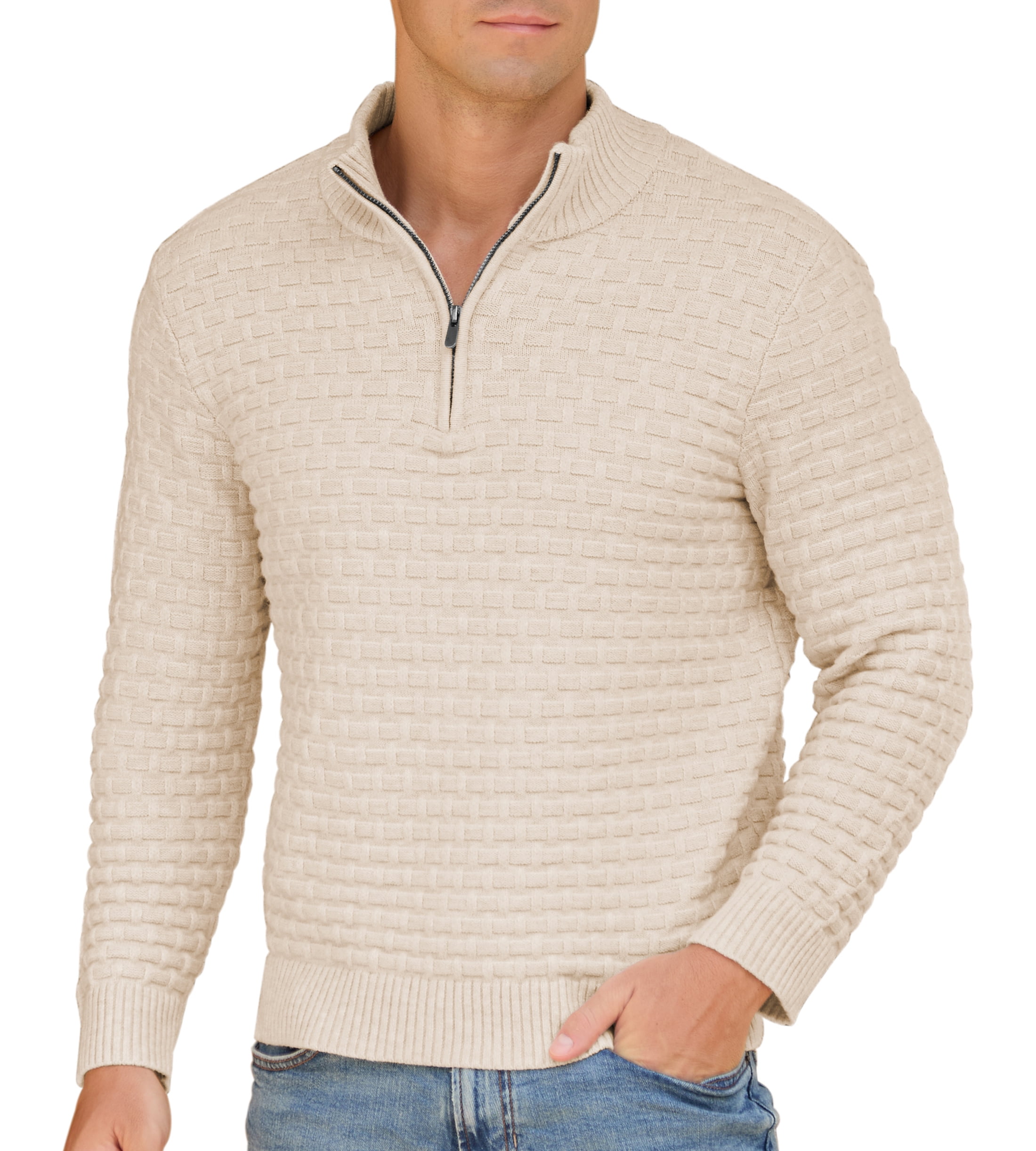 Iceglad Mens Quarter-Zip Sweater Textured-Knit Mock Neck Pullover ...