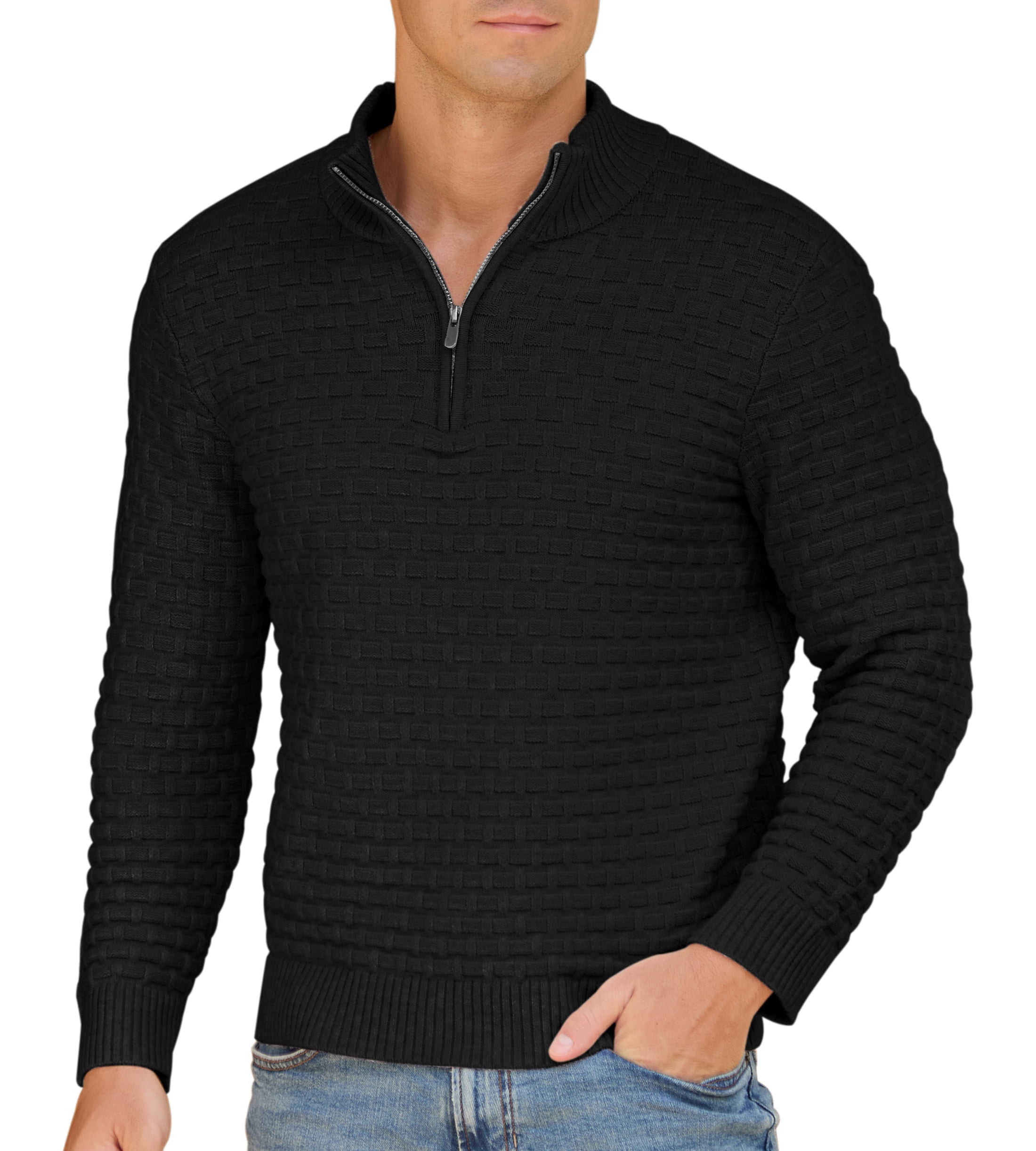 Iceglad Mens Quarter-Zip Sweater Textured-Knit Mock Neck Pullover ...