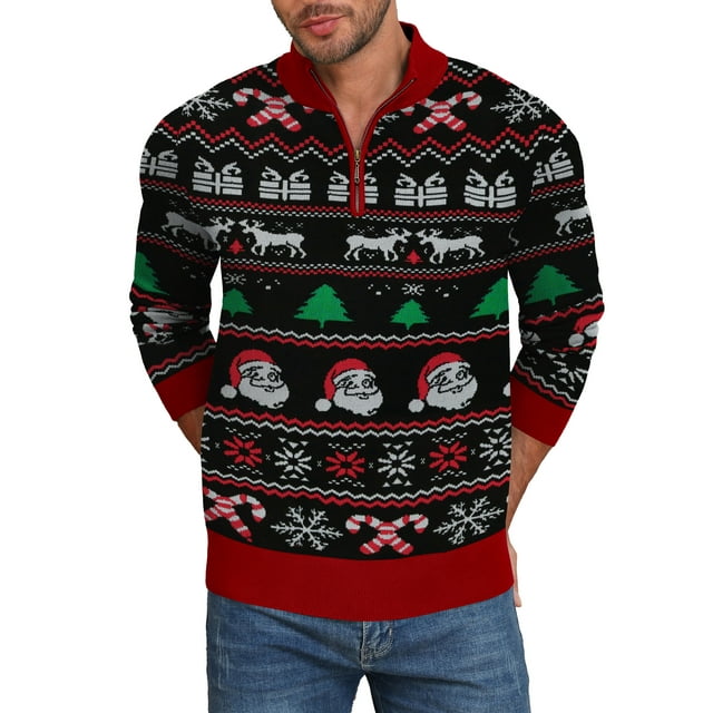 Iceglad Mens Ugly Christmas Sweater Quarter Zip Sweaters Reindeer ...
