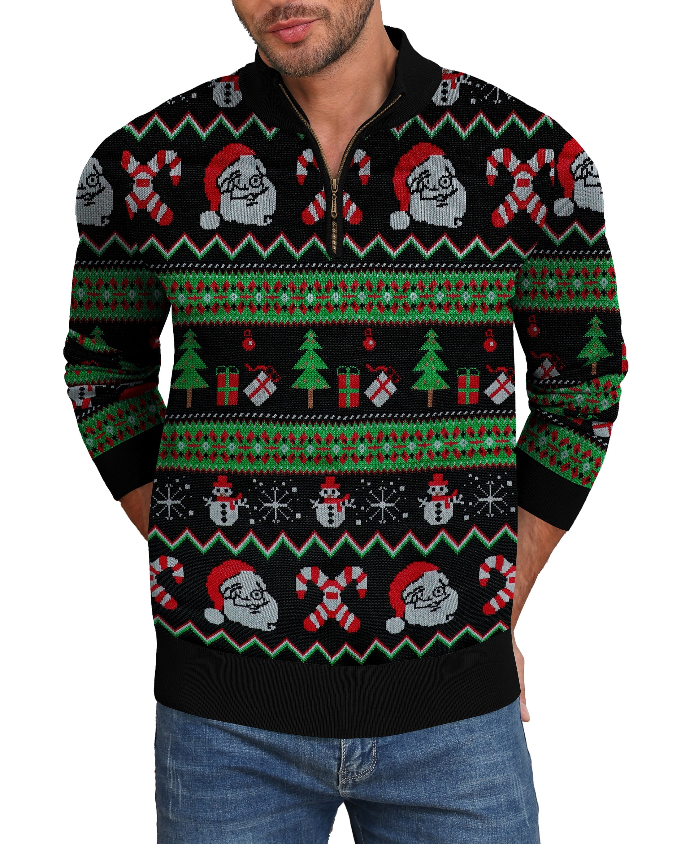 Iceglad Mens Ugly Christmas Sweater Quarter Zip Sweaters Reindeer ...