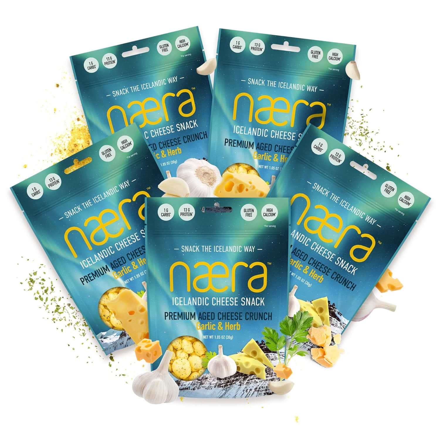 Icelandic - 5-Pack Garlic & Herb Aged Cheese Crunch Protein Snacks ...