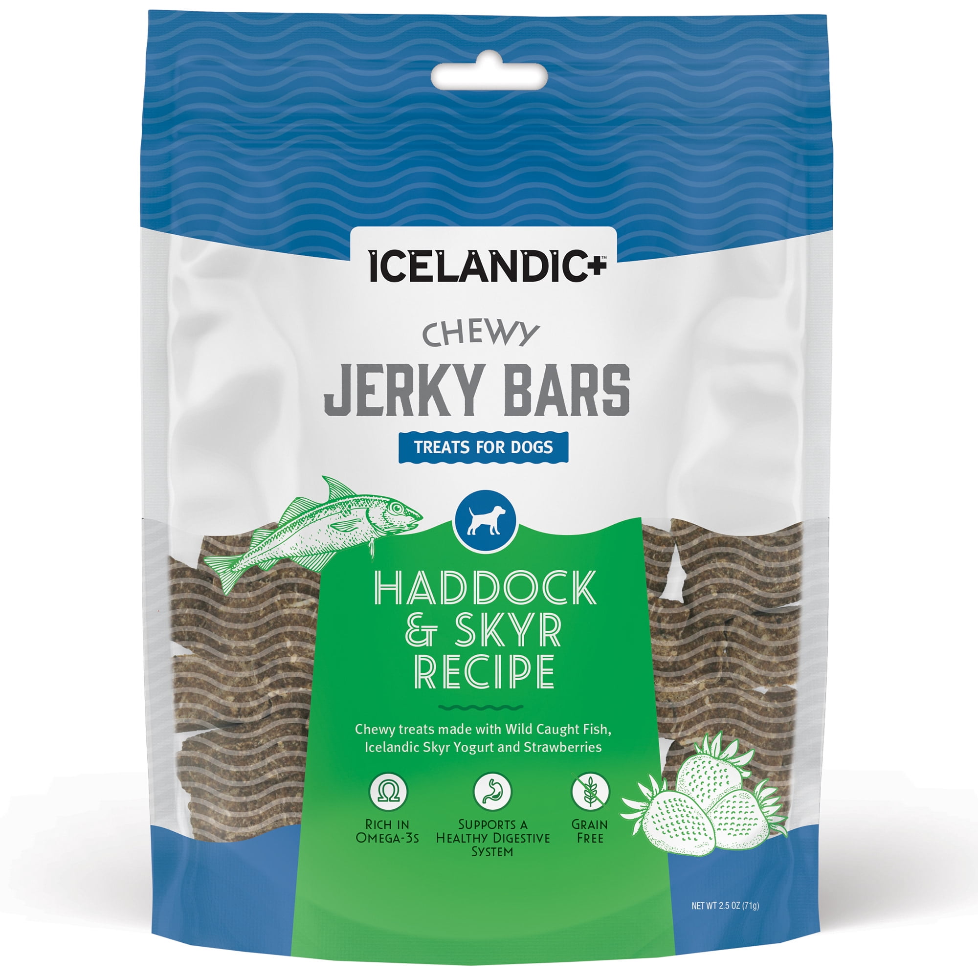 Icelandic+ Chewy Jerky Bars Haddock, Skyr, & Strawberries Dog Treat 2.5 ...