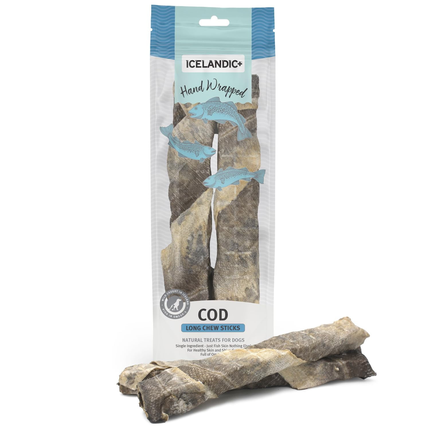 Icelandic+ Long Chew Sticks: YYF14 Cod Skin - 2Piece 10" Hand Wrapped Dog Treats, 3.2oz, Wild ...