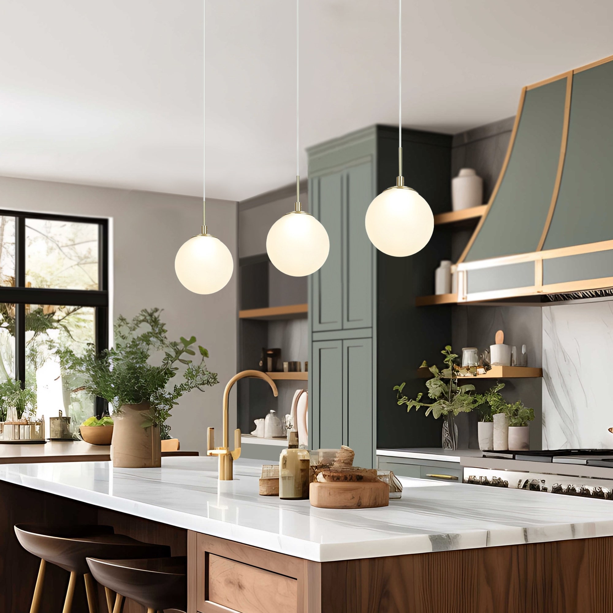 Icey Modern Gold Brass LED Chandelier 3-Light Glass Kitchen Island Lights for Dining Room - 23 ...