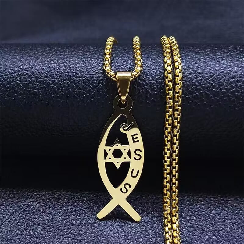 Ichthys Jesus Fish Cross Christ God Pendant Necklace for Women Men 14K ...