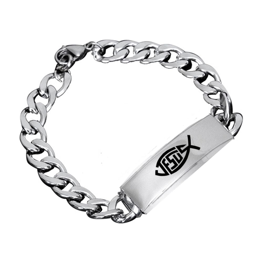 Ichthys Jesus Fish Cross Stainless Steel Cuban Chain Bracelet for Men ...