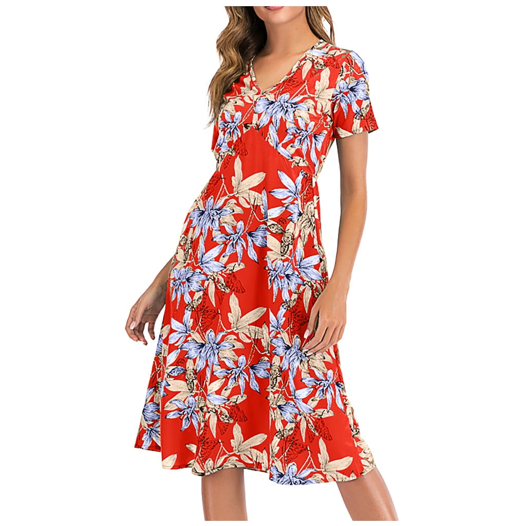 Ichuanyi Summer Dresses Women's Floral V-neck Casual Short Sleeve ...