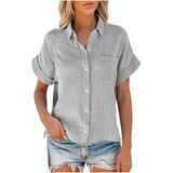 Ichuanyi Womens Cotton Button Down Shirt Casual Short Sleeve Loose Fit ...