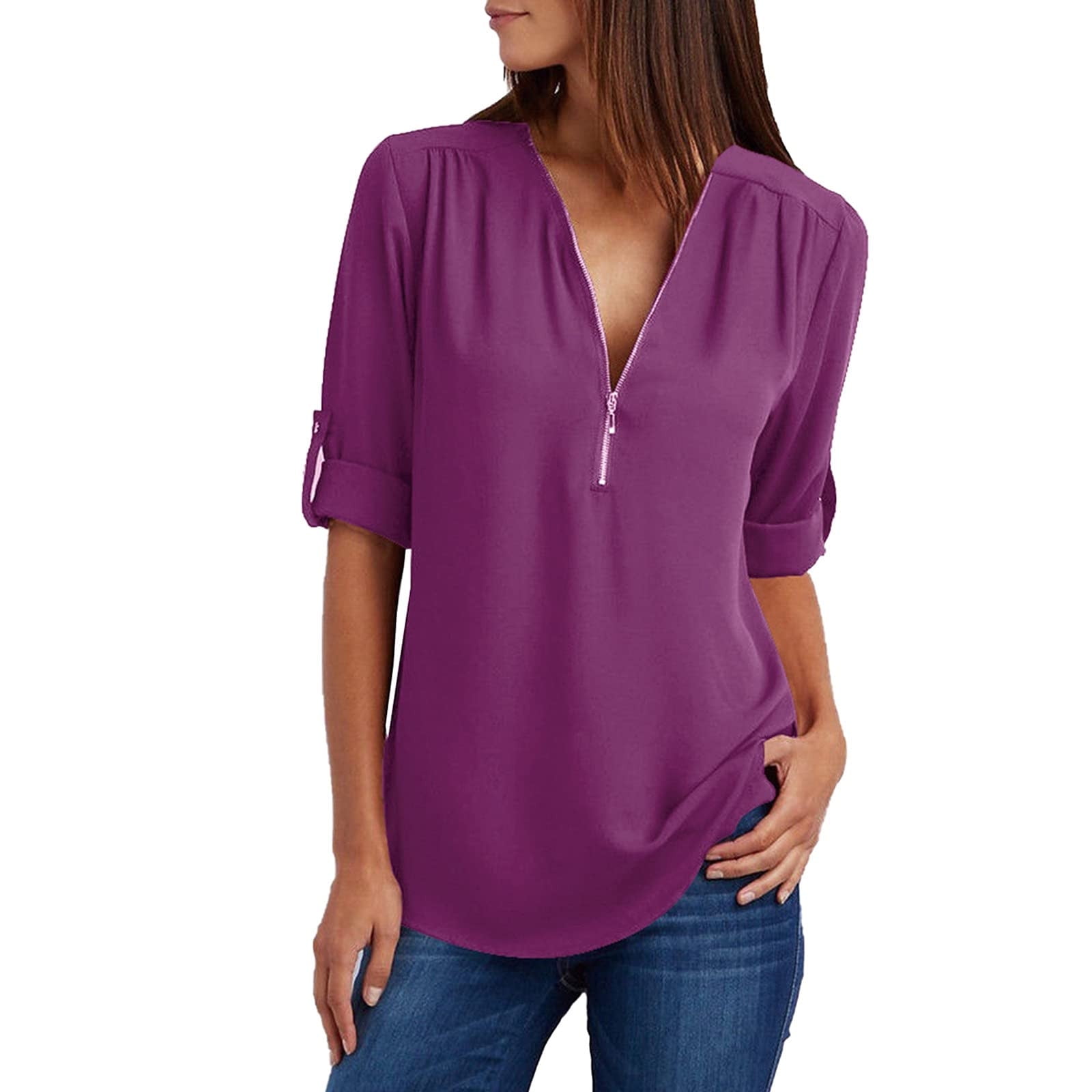 Ichuanyi Women's V-Neck Summer Tops, Casual Zip Tunic, Rollable Short ...