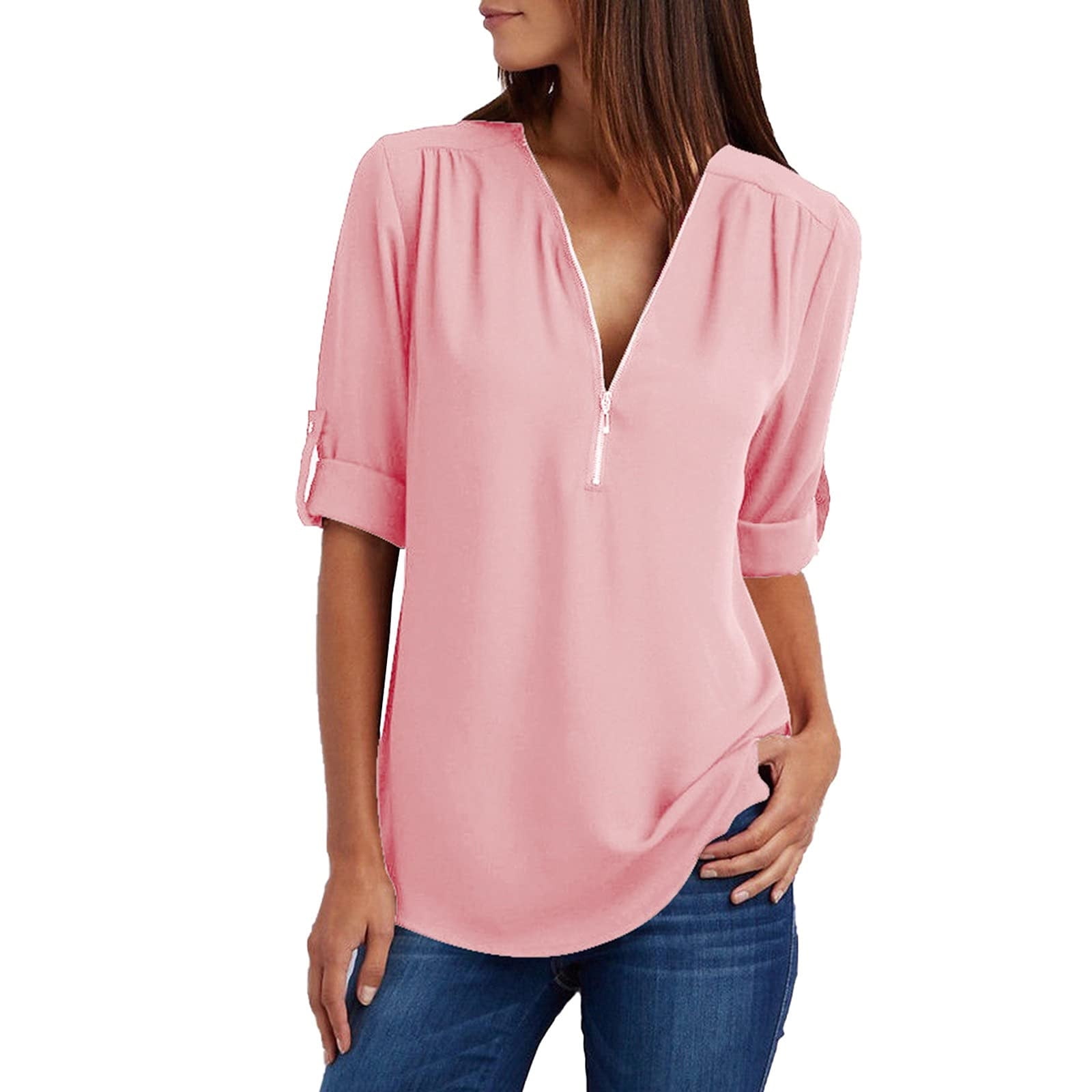 Ichuanyi Womens Tops Women's Summer Shirts Zip Casual Tunic V-Neck ...