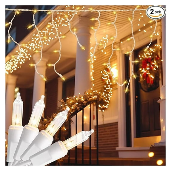 Icicle Christmas Lights Outdoor 2 Pack, Warm White 17.67FT 600 ...