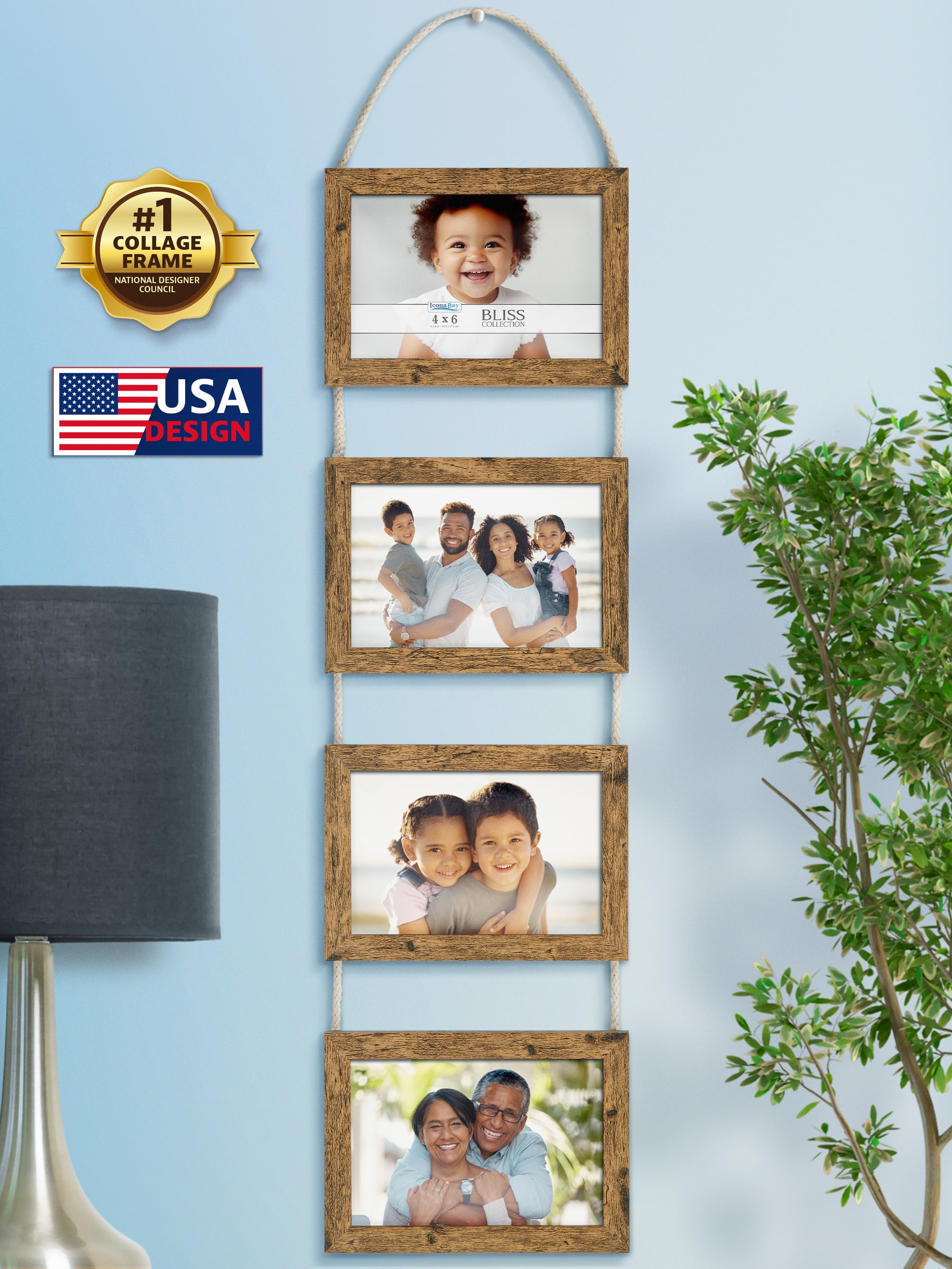 Icona Bay 4x6 Hanging Picture Frames, 4 Rustic Brown Composite Wood ...