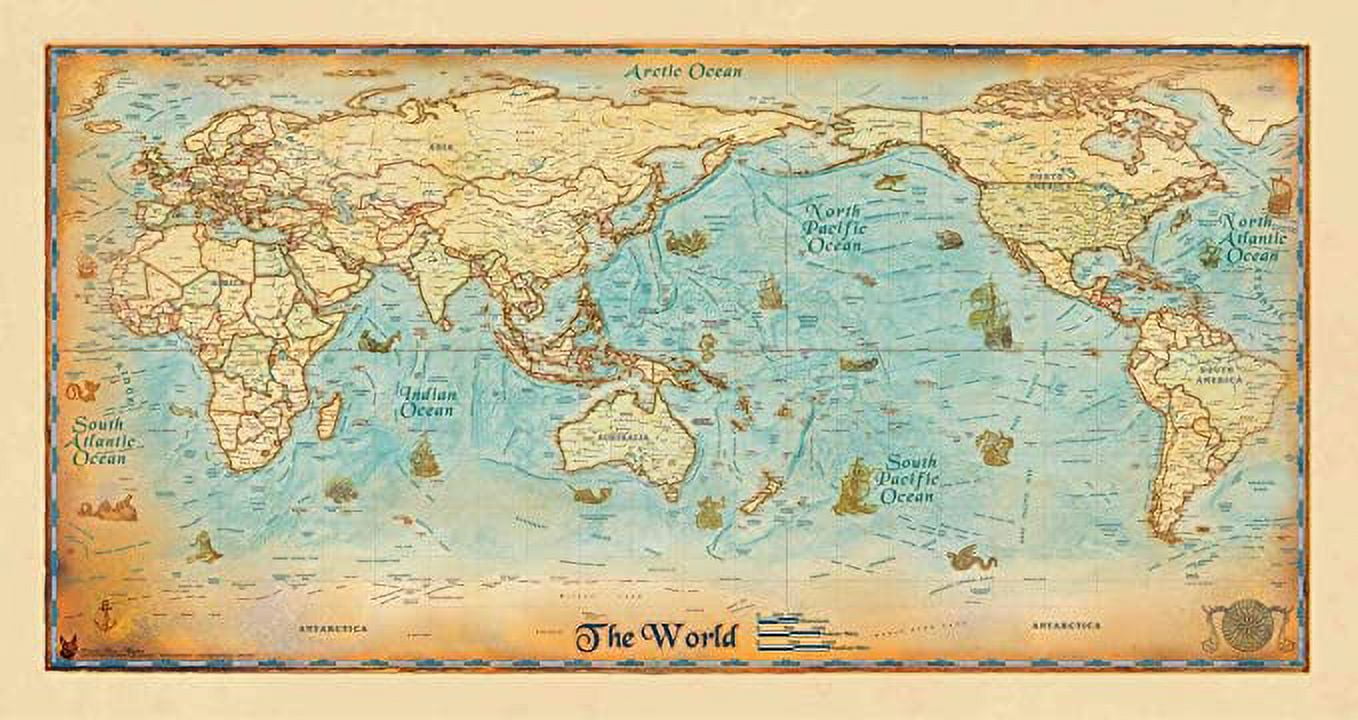 Iconic Arts Laminated 45x24 Poster: World Map - Antique World Wall Map ...