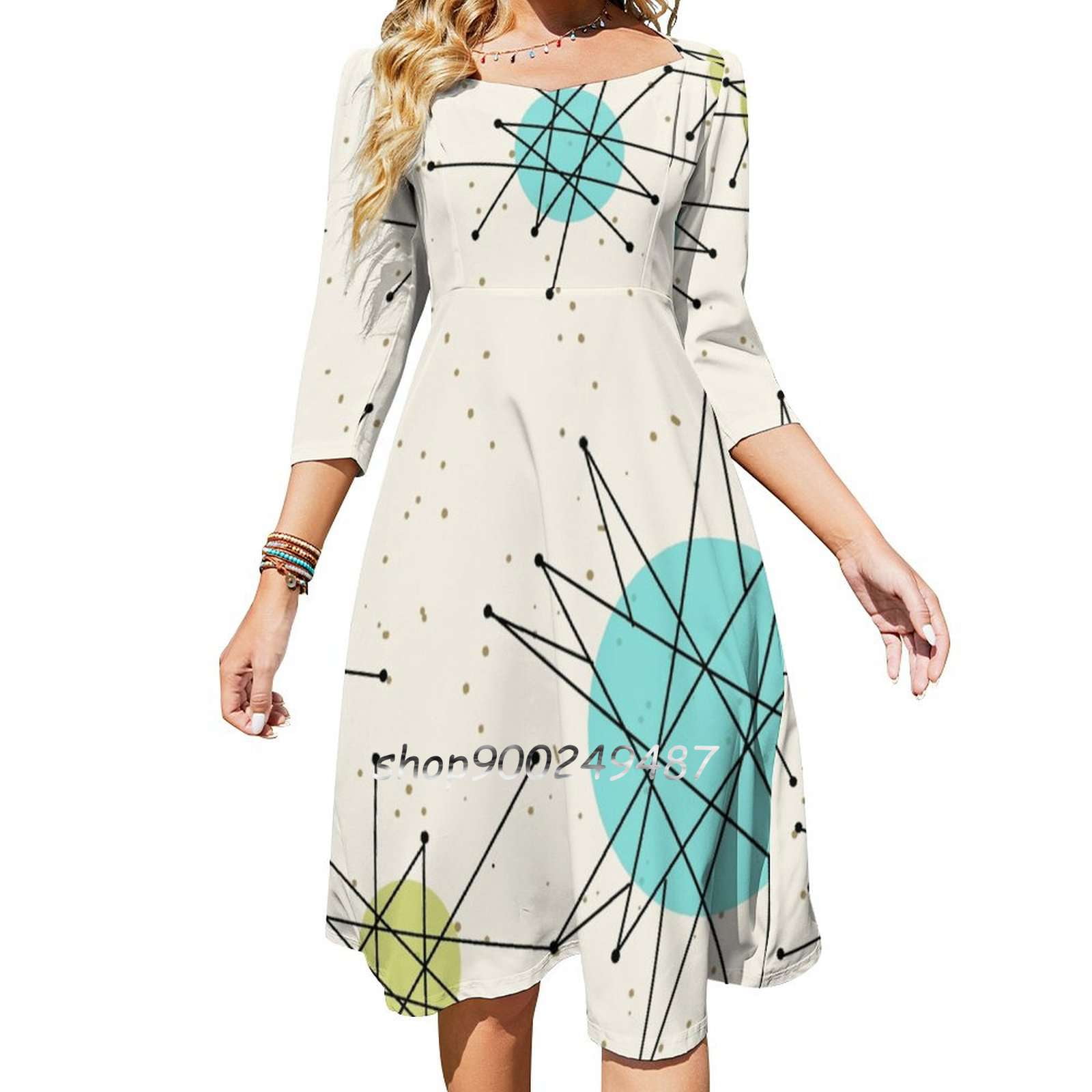Iconic Atomic Starbursts Pattern Flare Dress Square Neck Dress Elegant ...