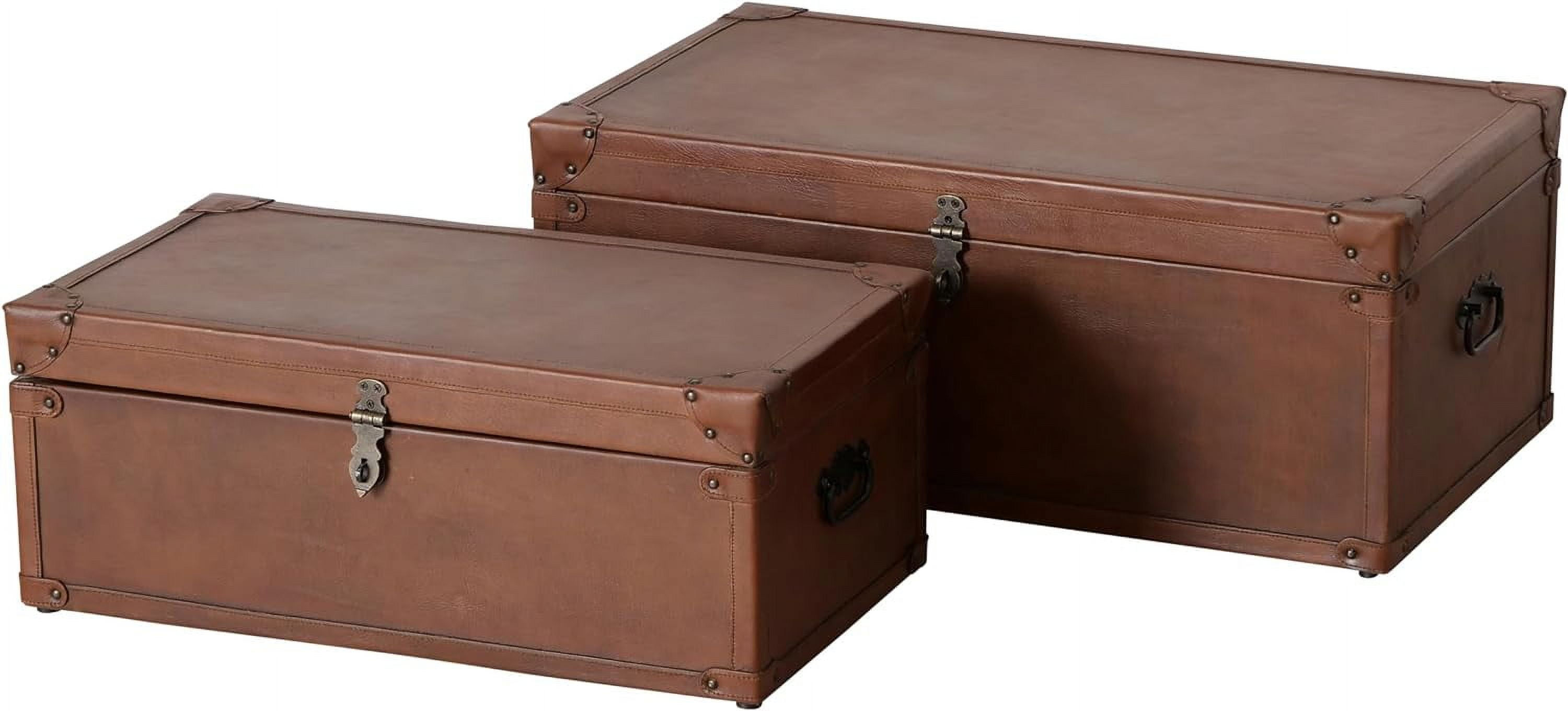 Iconic Trunk Storage Boxes, Set of 2, Brown Leather, Plywood, Metal ...