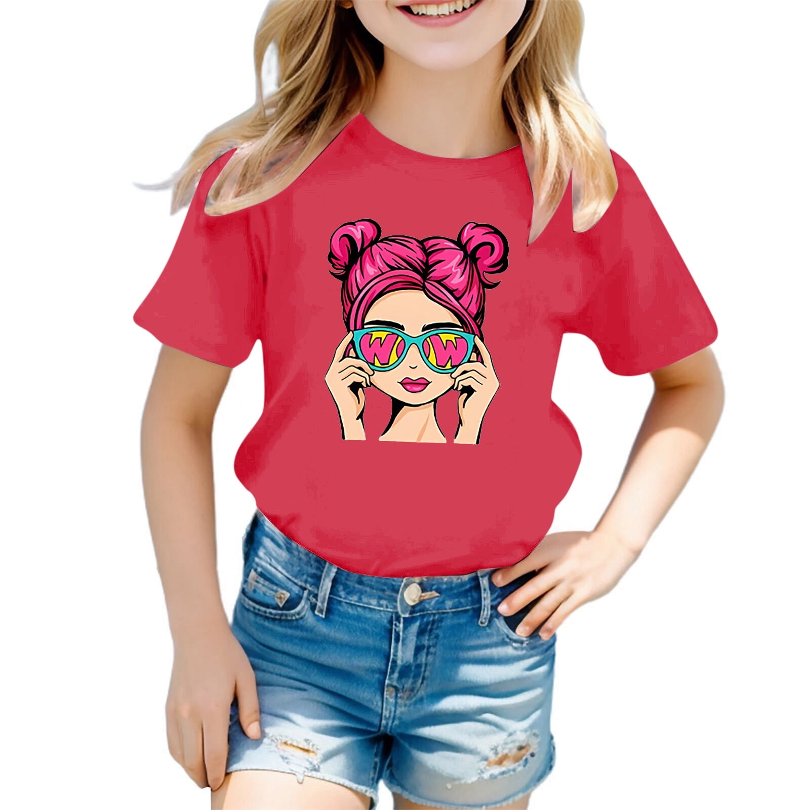 Icvfdpl Girls Fashion Tops Cute Graphic Print Round Neck Short Sleeve ...