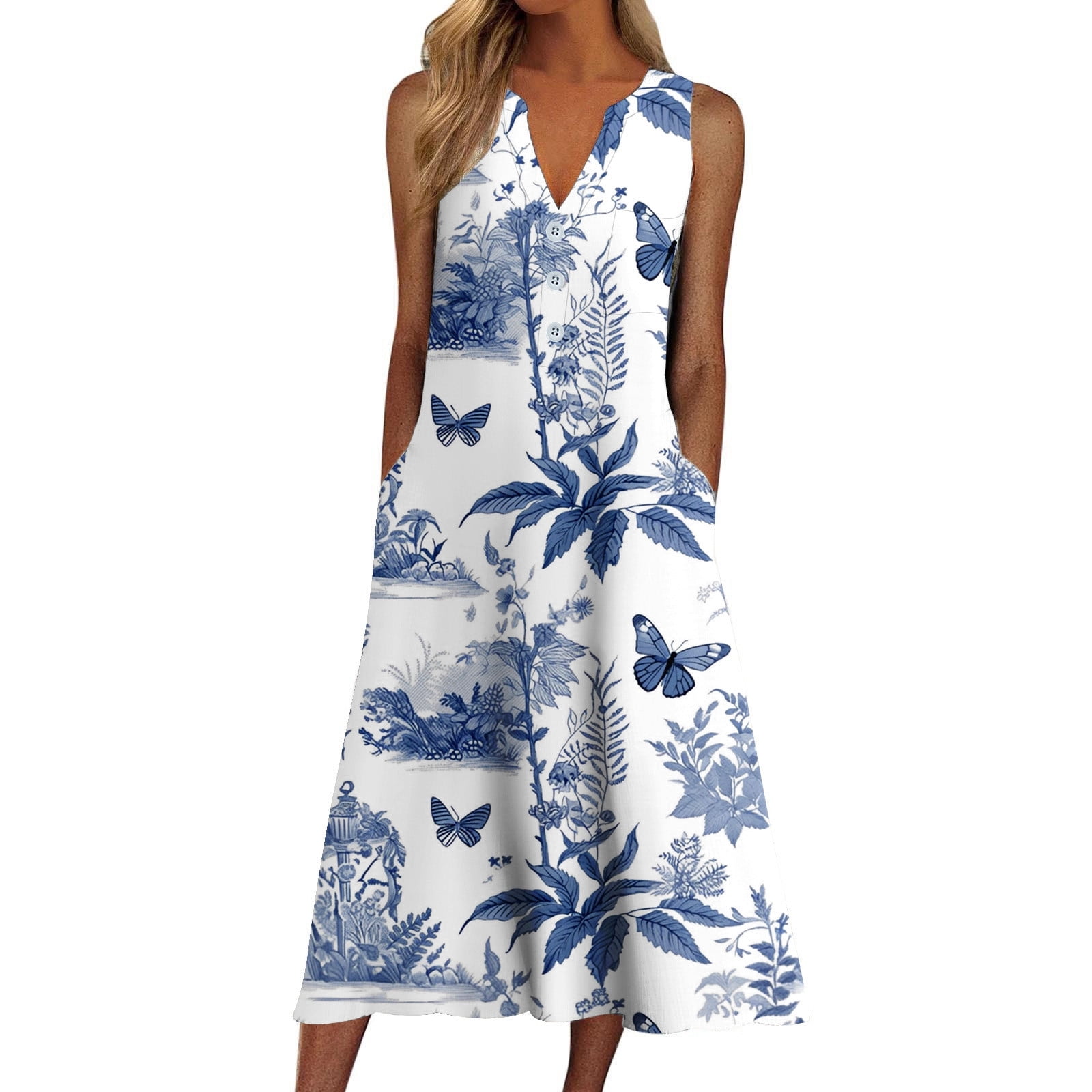 Icvfdpl Women'S Casual Dresses Leisure Loose V Neck Sleeveless Button ...