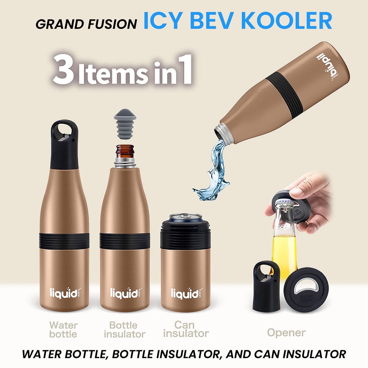 Icy Bev Kooler V 2.0 - (3 in 1 - Water Bottle, Bottle Insulator, and ...