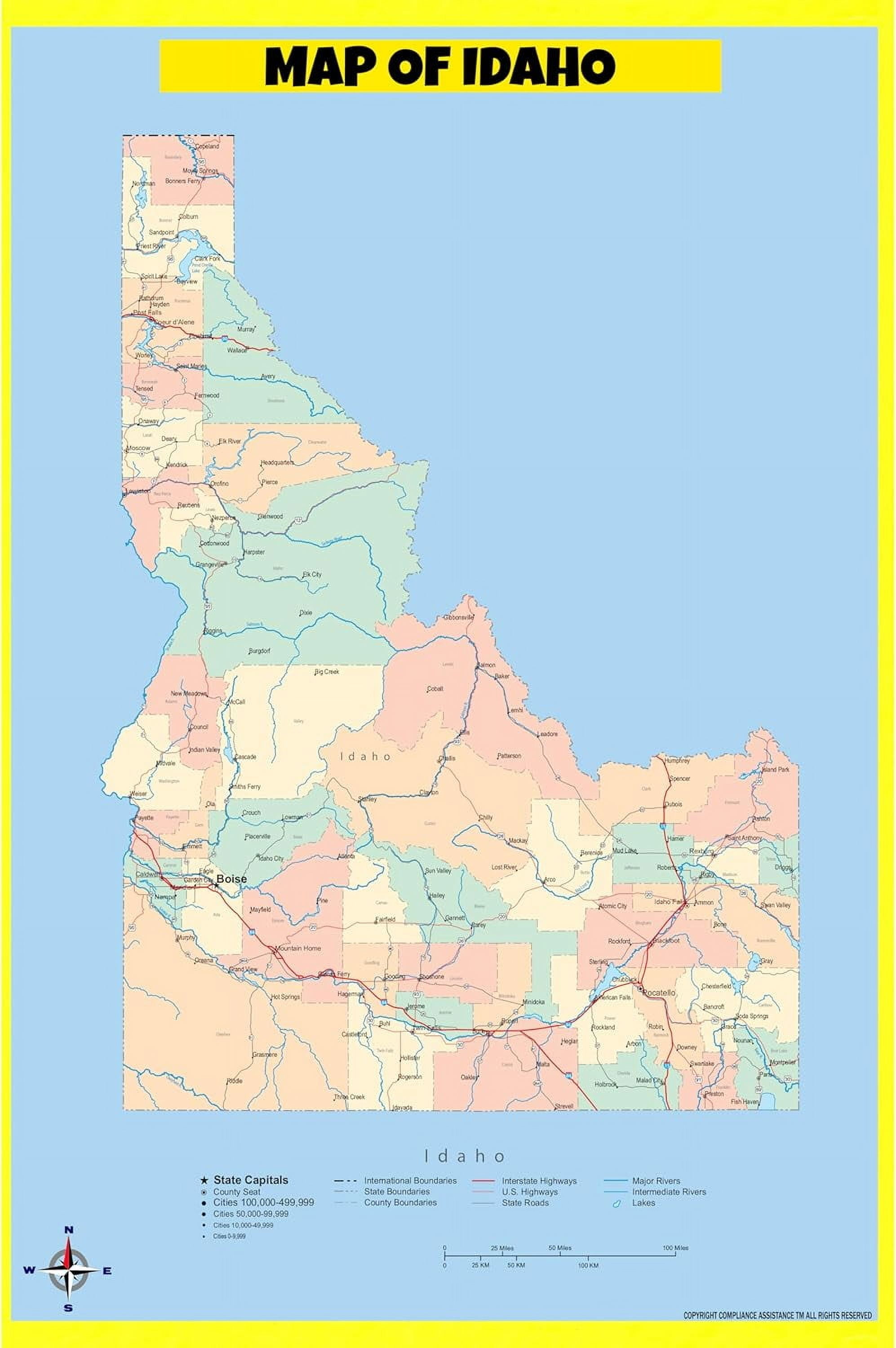 Idaho Map Poster - Laminated Wall Map - Style A - 24x36 - Ideal for Classrooms and Homes ...
