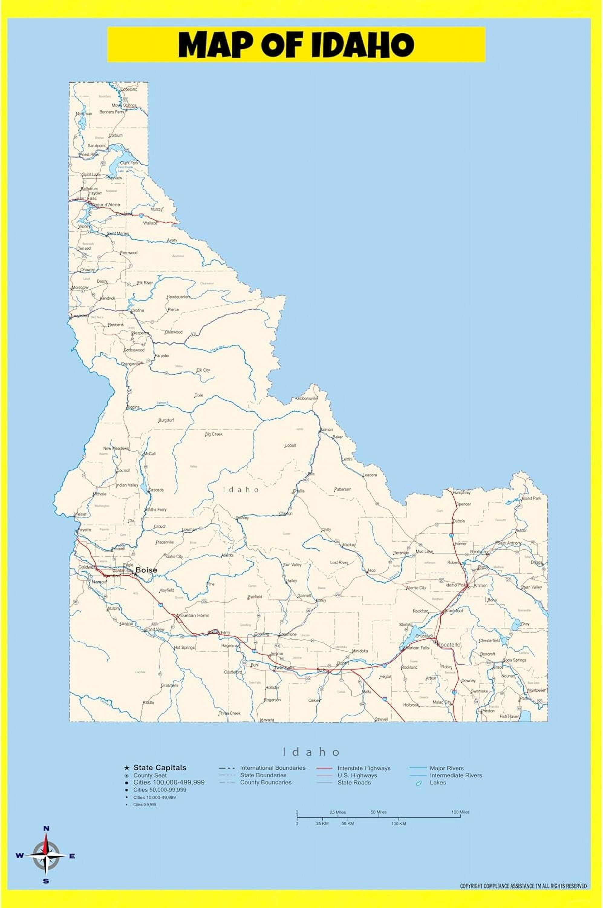 Idaho Map Poster - Laminated Wall Map - Style B - 24x36 - Ideal for Classrooms and Homes ...