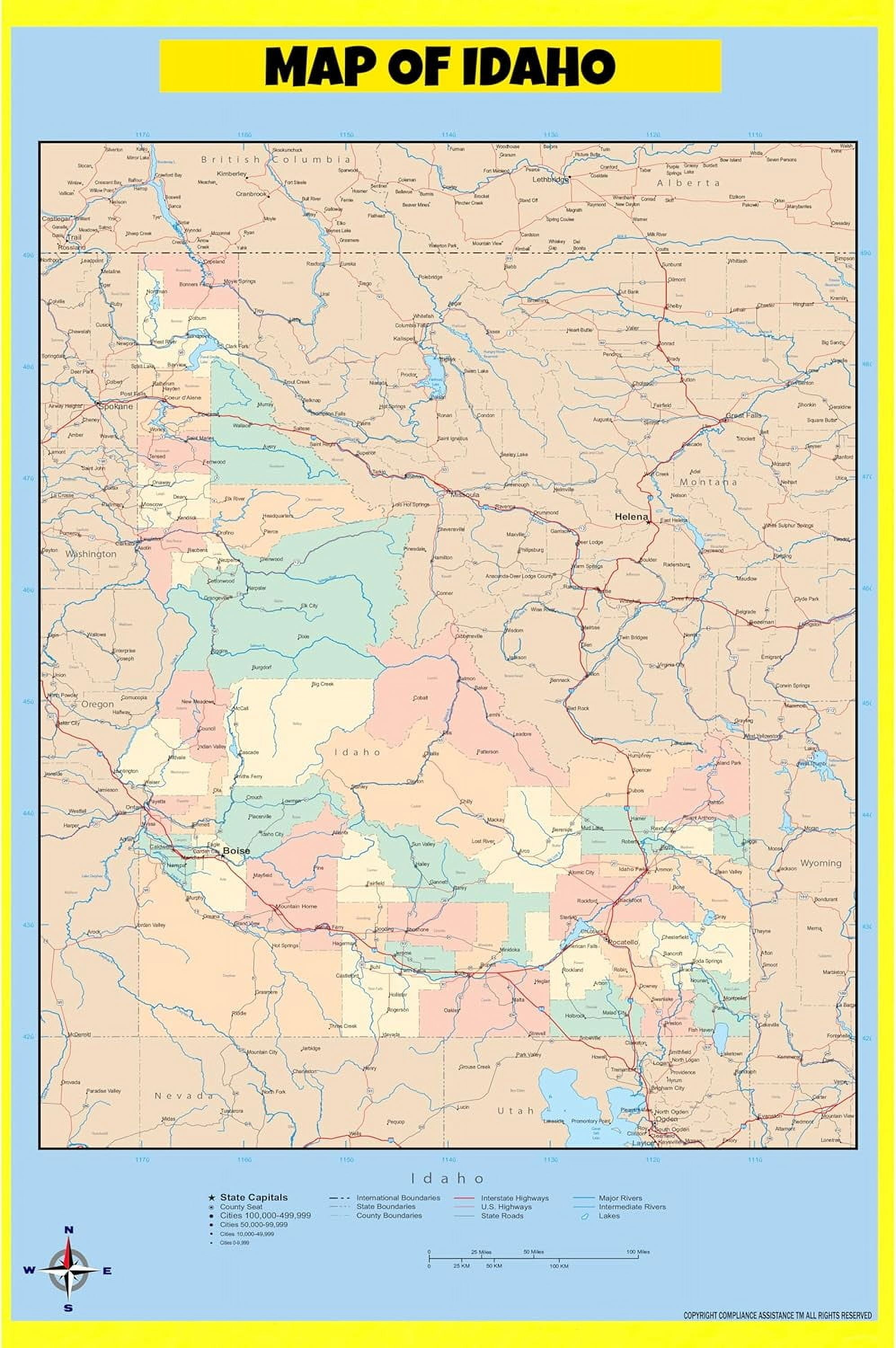 Idaho Map Poster - Laminated Wall Map - Style C - 24x36 - Ideal for Classrooms and Homes ...