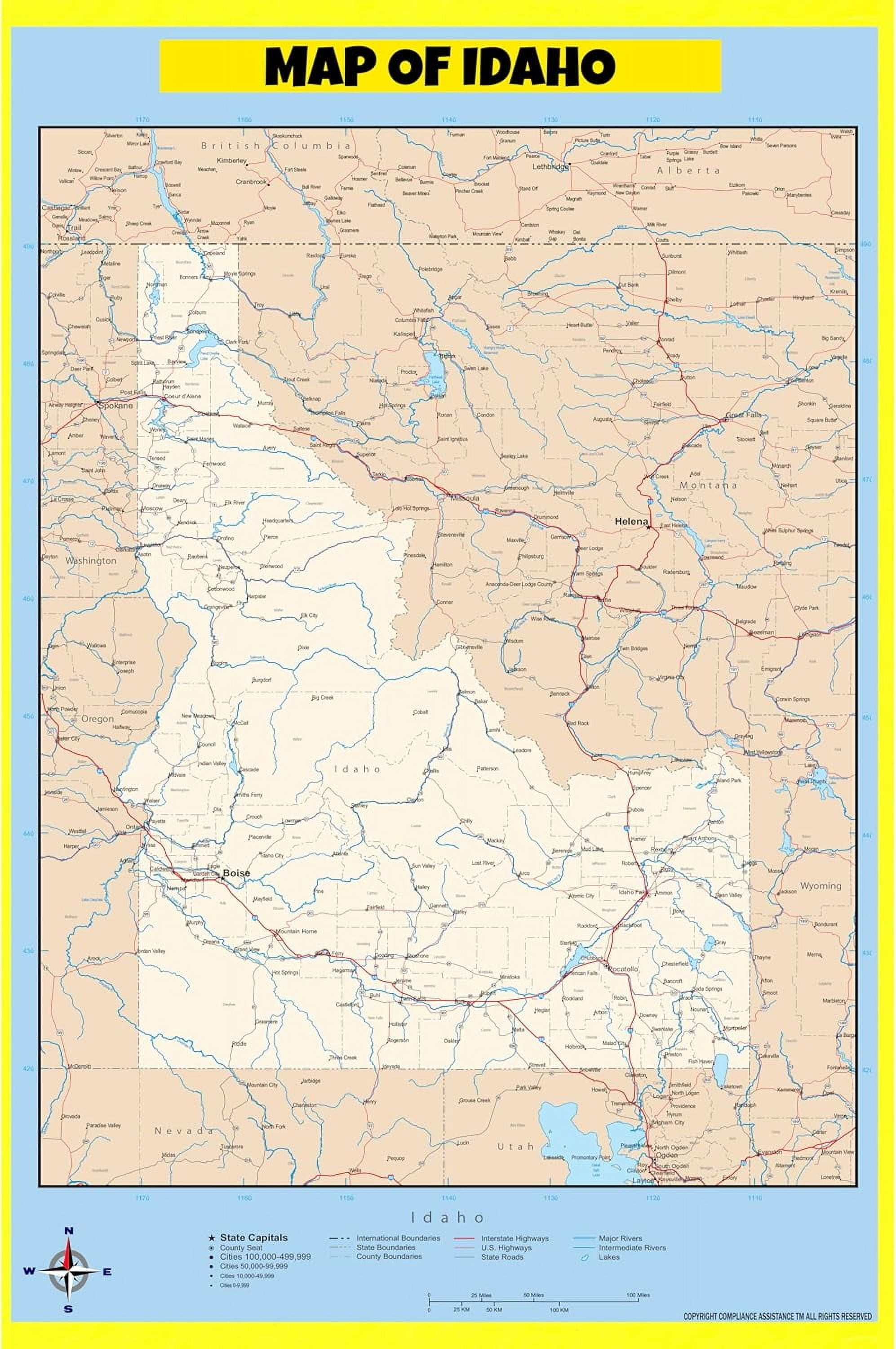 Idaho Map Poster - Laminated Wall Map - Style D - 24x36 - Ideal for Classrooms and Homes ...