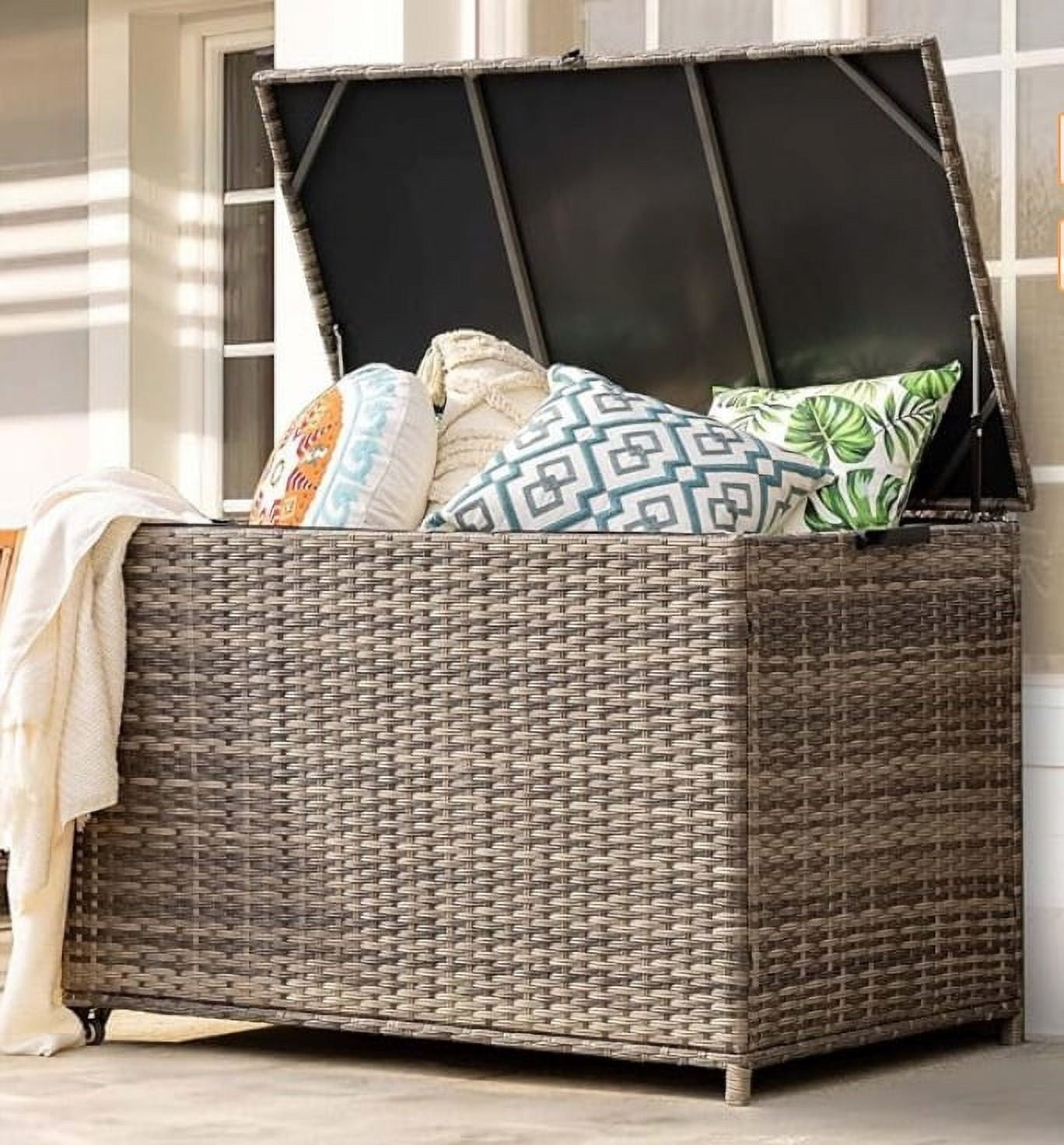 IdeaHouse 185 Gallon Rattan Deck Box, Outdoor Wicker Storage Bench with ...
