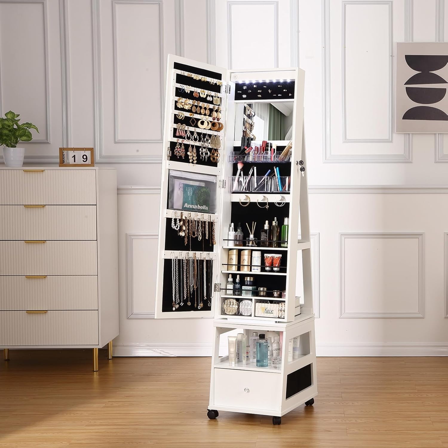 IdeaHouse 360° Swivel Jewelry Armoire with Full-Length Mirror & LED ...