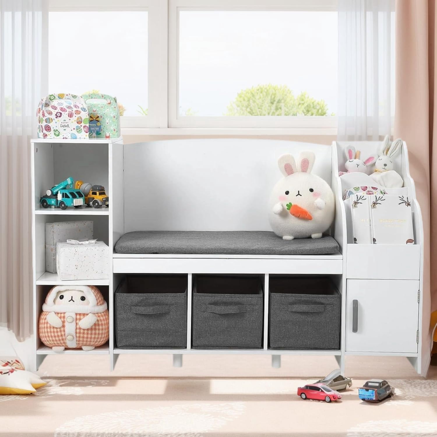 IdeaHouse Kids Bookshelf with Reading Nook & Detachable Cushion, 3-in-1 ...
