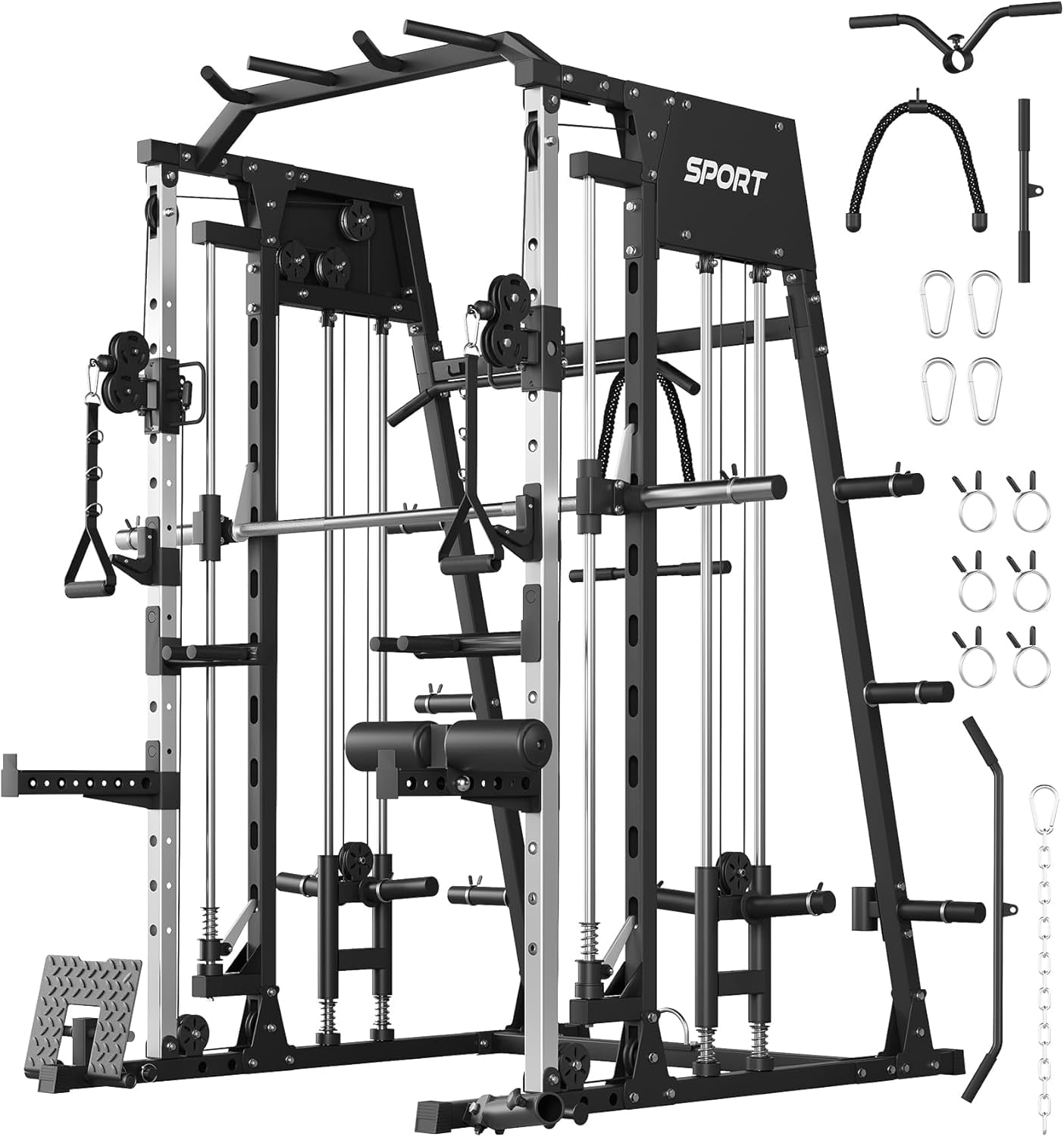 IdealHouse 2200LBS Smith Machine Home Gym, All-in-One Power Cage Squat Rack with LAT Pull-Down ...