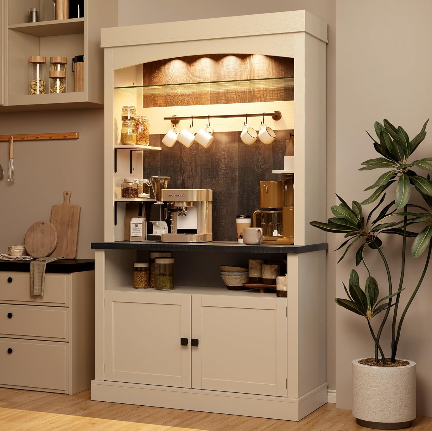 IdealHouse 72" Tall Coffee Bar Cabinet with LED Lights, Farmhouse ...