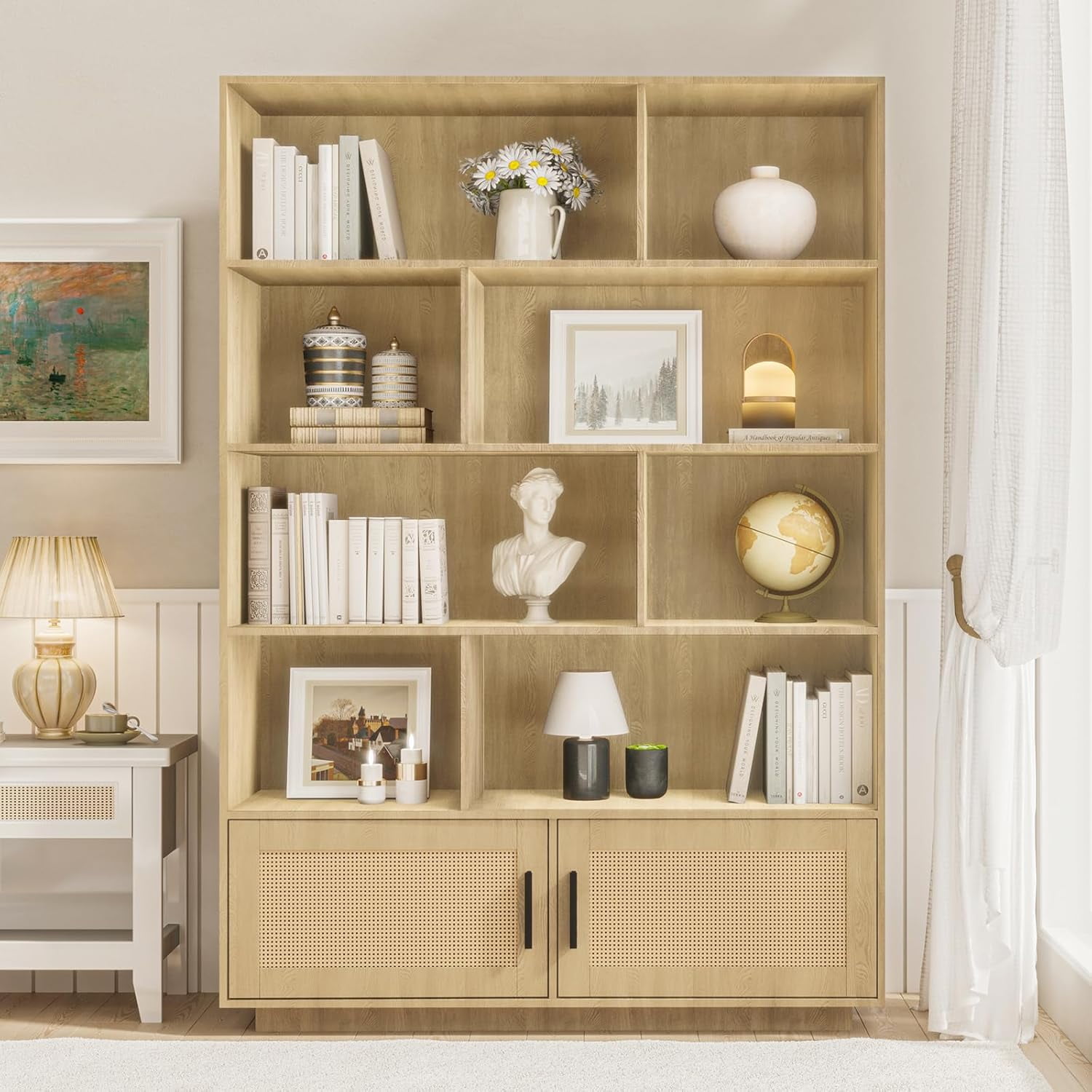 IdealHouse Boho 5-Tier Bookshelf with Rattan Doors, Tall Wooden ...