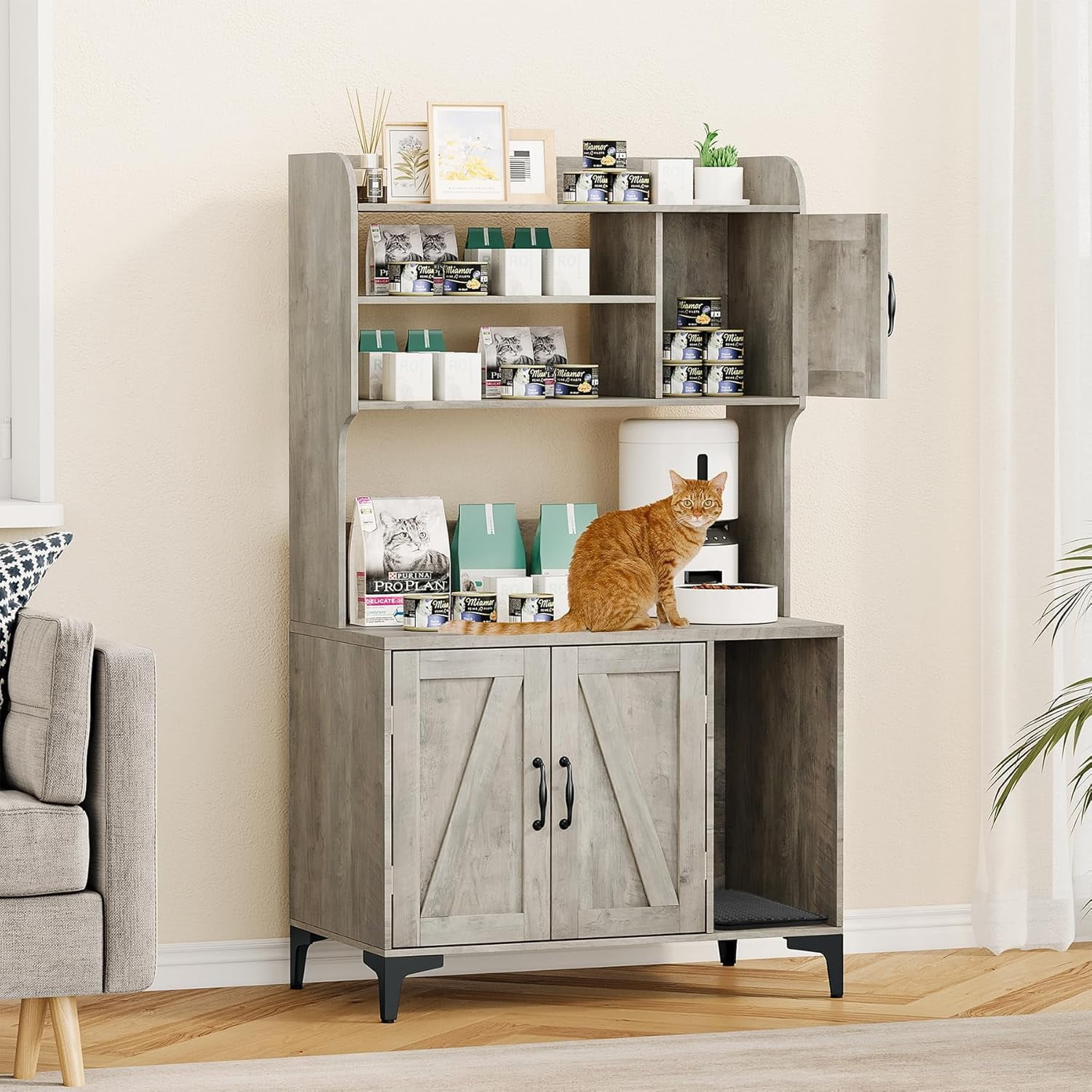 IdealHouse Cat Litter Box Enclosure with Storage Shelves & Doors, Large ...