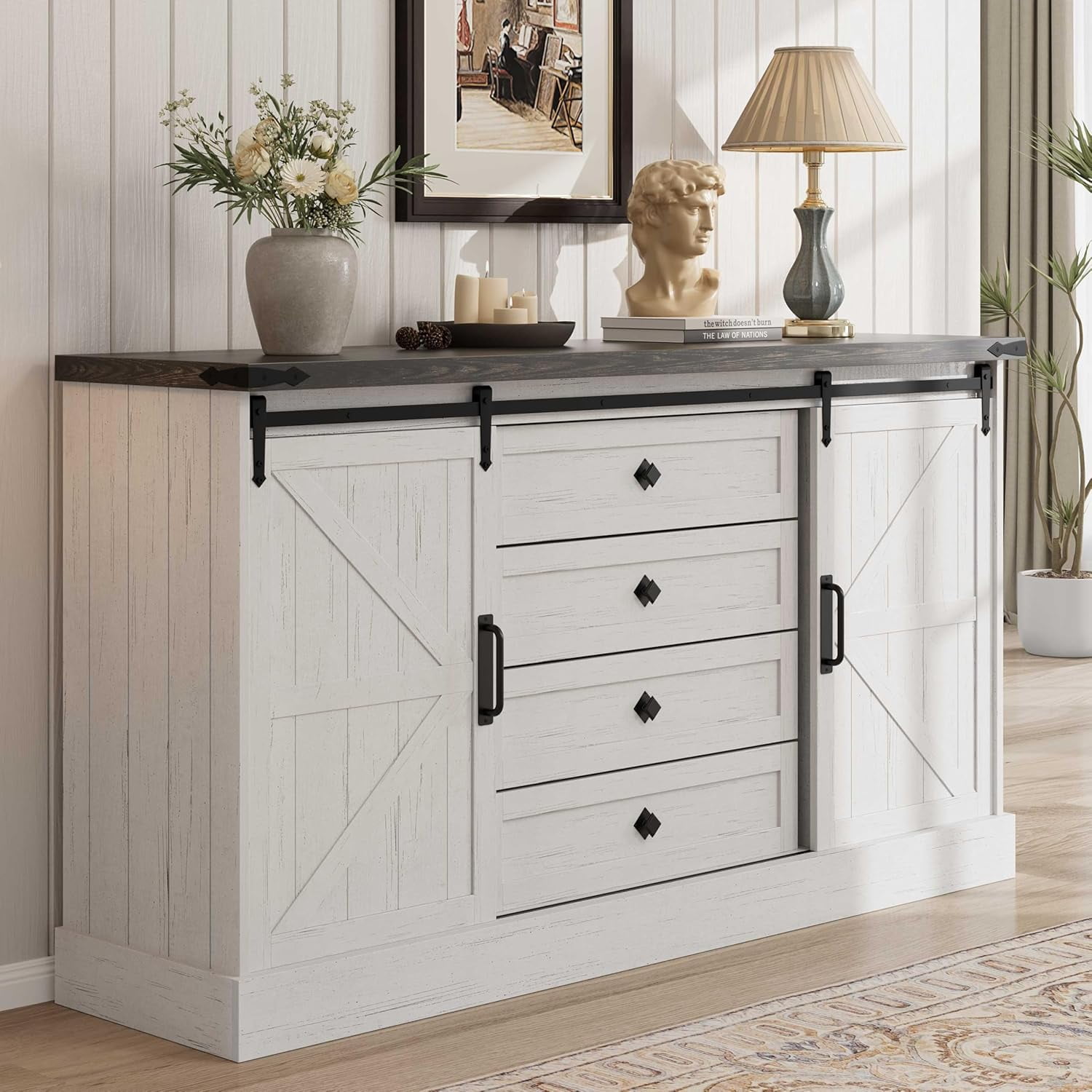 IdealHouse Farmhouse 4-Drawer Dresser with Sliding Barn Doors, 59 ...