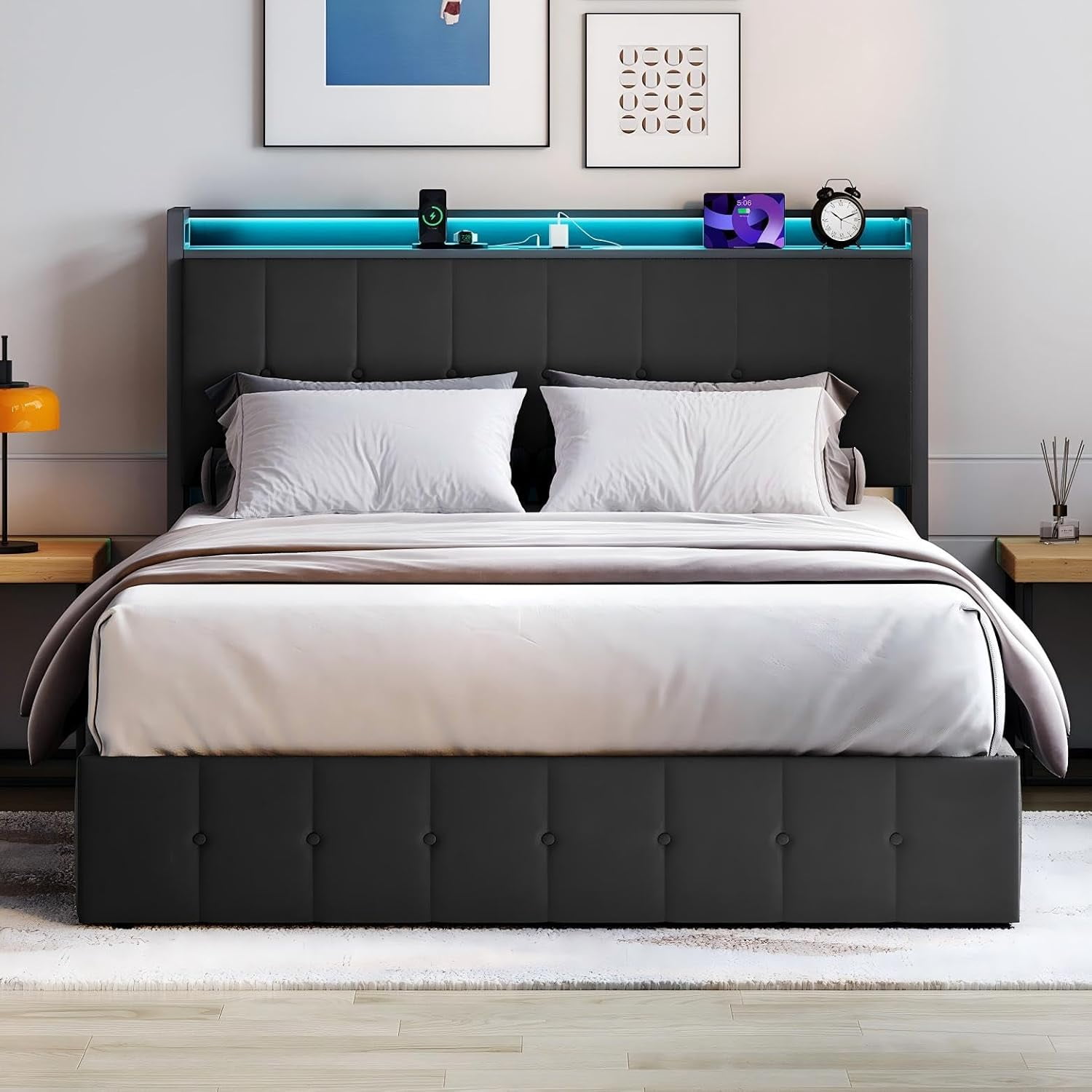IdealHouse Full Size Upholstered Velvet Bed Frame with RGB LED Lights ...