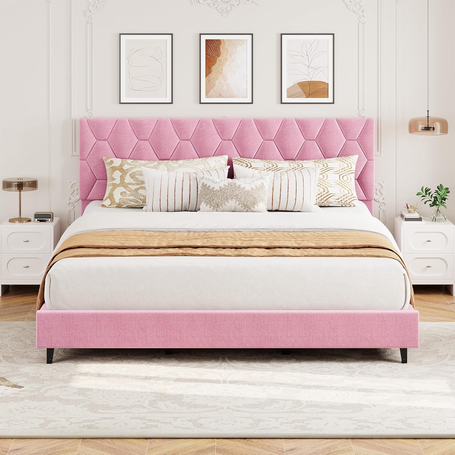IdealHouse King Platform Bed Frame with Upholstered Headboard, Wood ...
