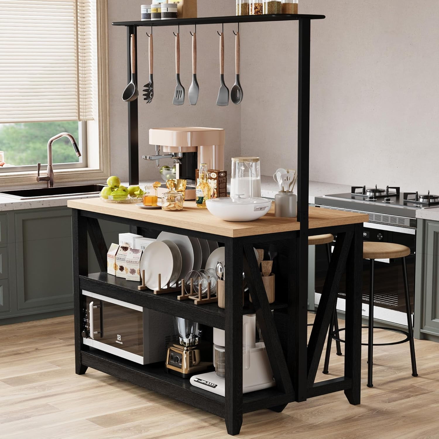 IdealHouse Wooden Kitchen Island with Power Outlet & LED Lights, 47 ...