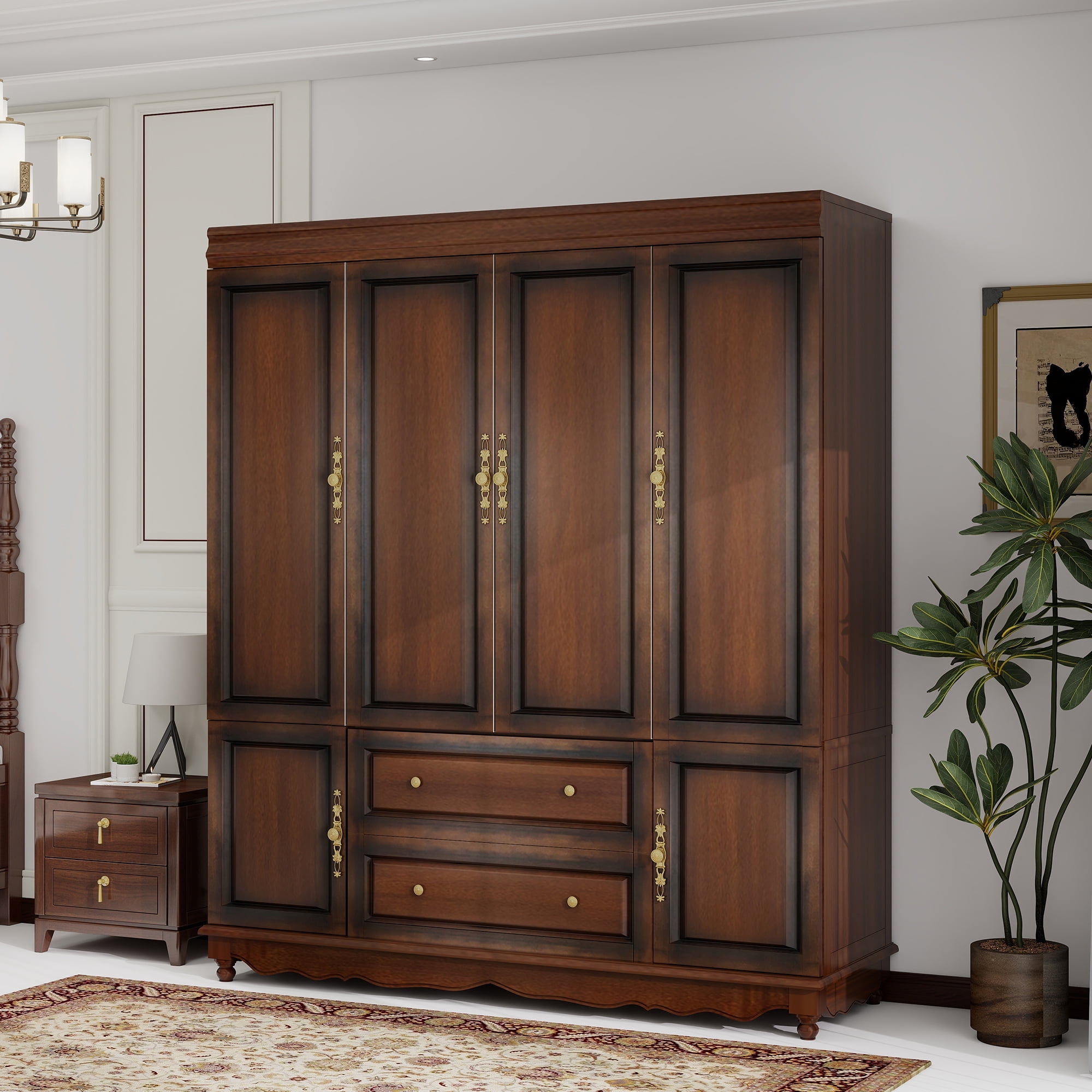 Idealcabin Armoire Wardrobe Closet with 2 Drawers, 4 Door Bedroom ...