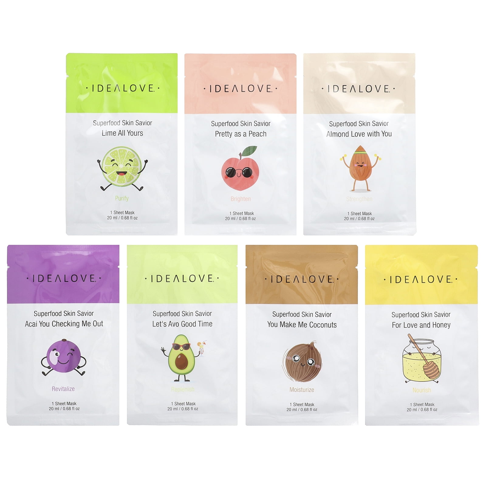Idealove Superfood Skin Savior Variety Pack, 7 Beauty Sheet Masks, 0.68 ...